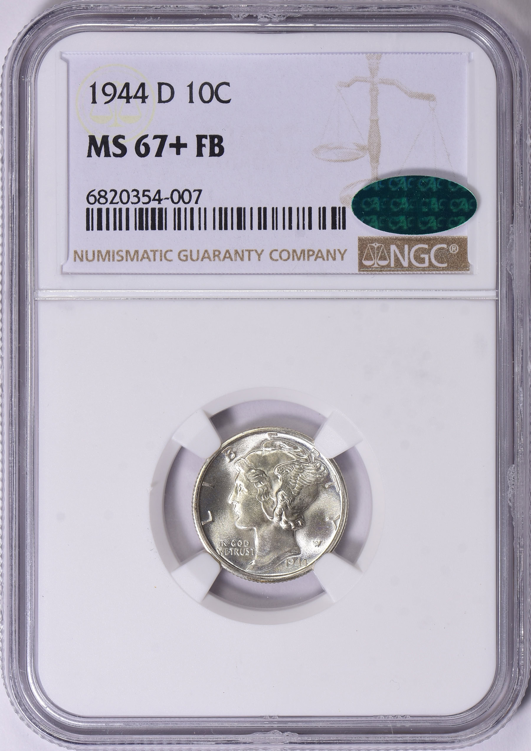 1944-D Mercury Dime NGC MS-67+ FB (CAC Green) (Item 1517073) | GreatCollections Coin Auctions