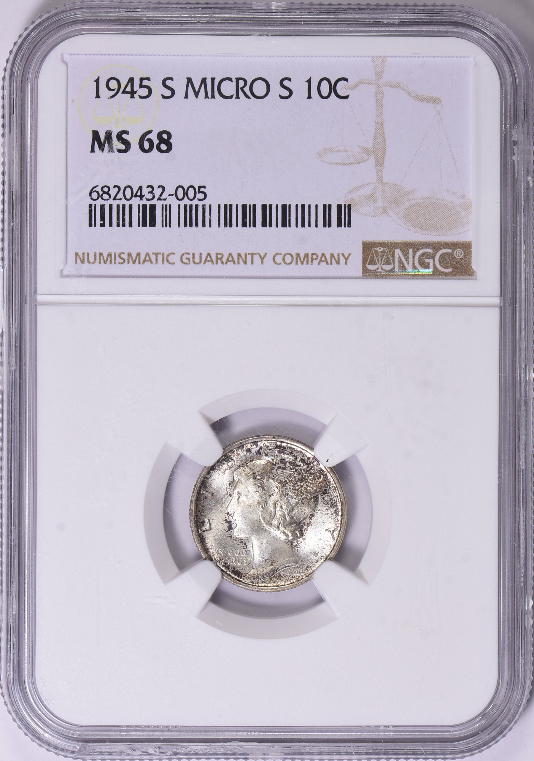 1945-S Mercury Dime Micro S NGC MS-68 (Toned) (Item 1517134) | GreatCollections Coin Auctions