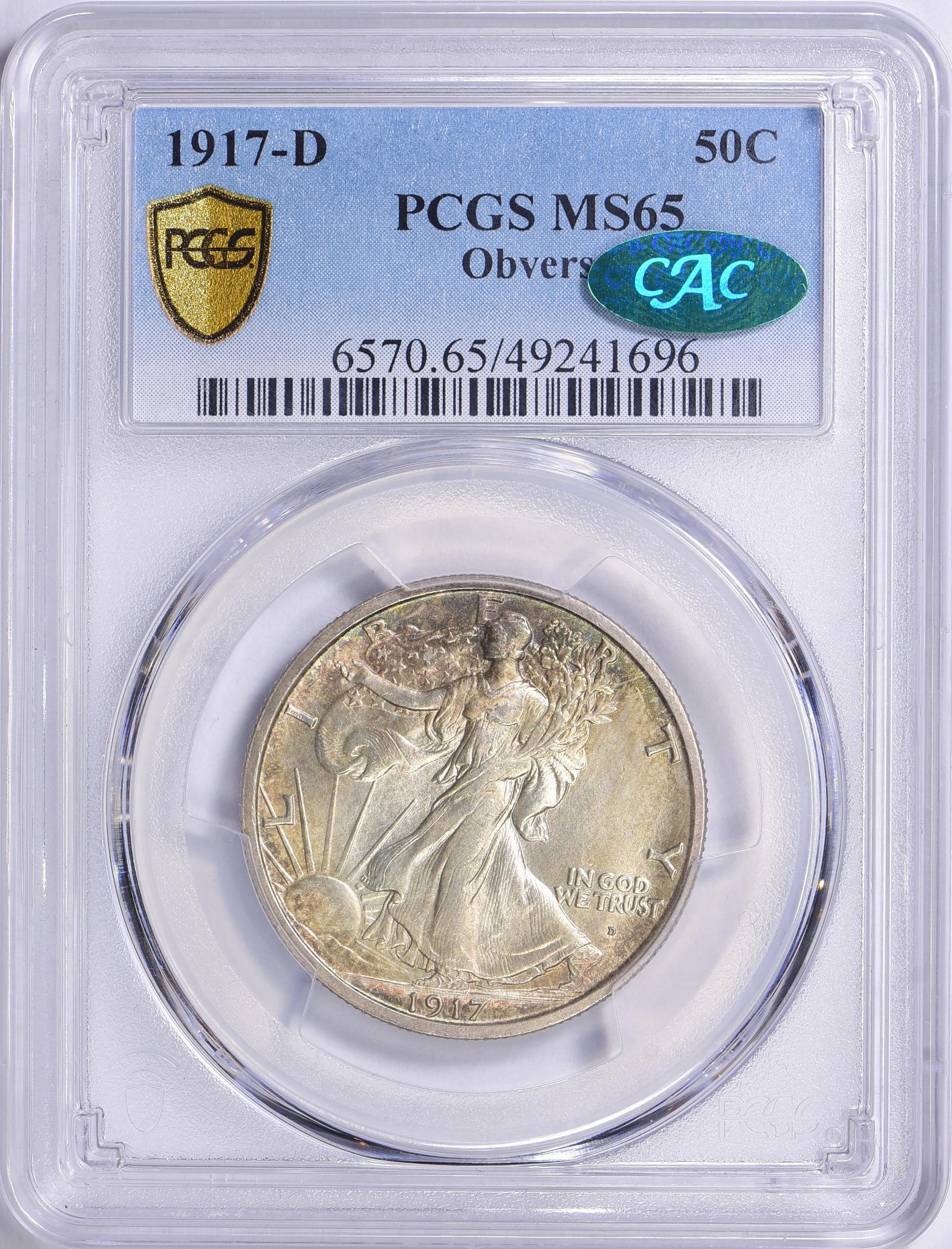 1917-D Walking Liberty Half Dollar Obverse Mintmark PCGS MS-65 (CAC Green) (Toned) (Item 1517137 ...