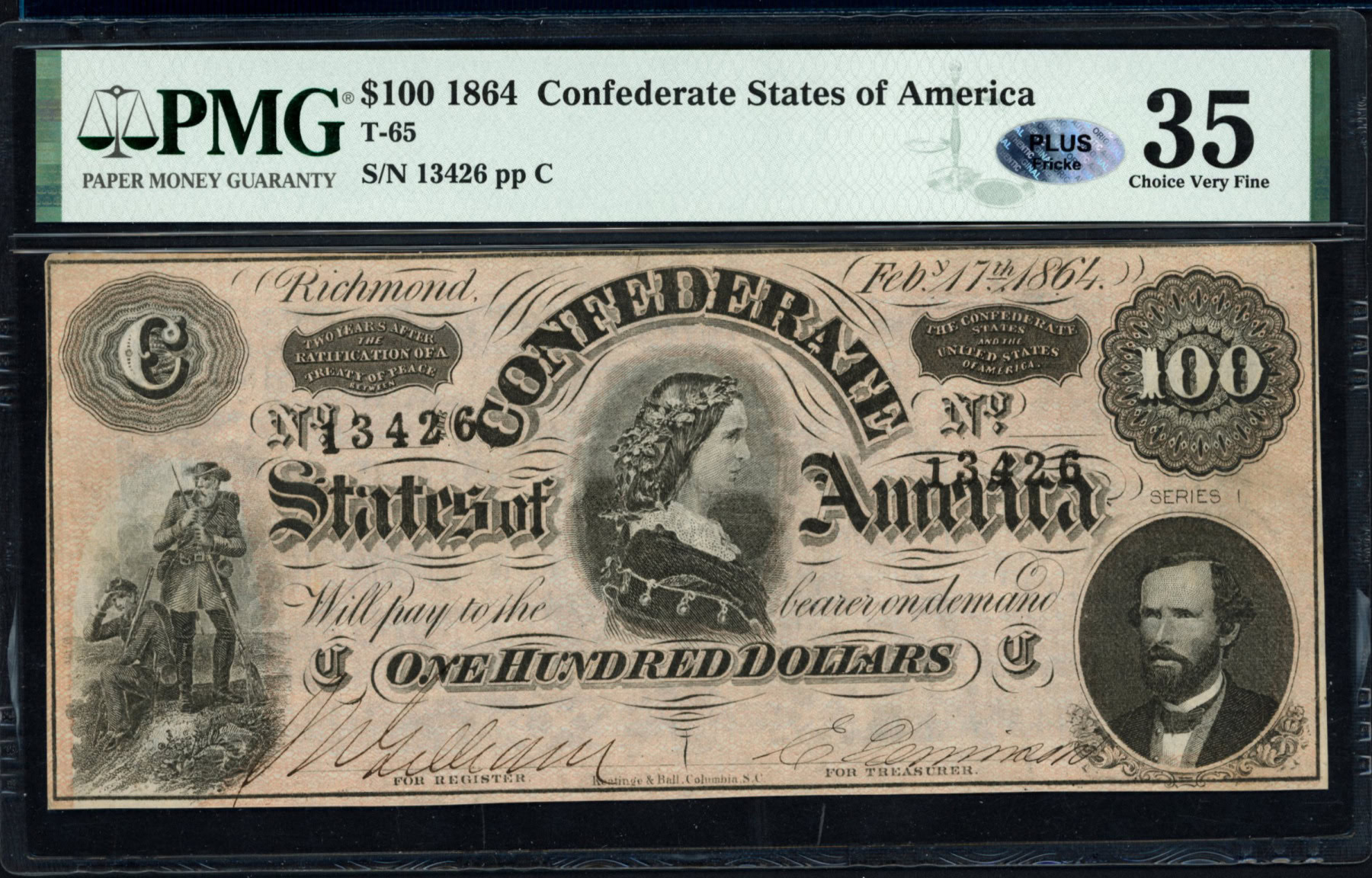 T. 65 Confederate States of America 1864 $100 Note PMG Choice Very Fine ...