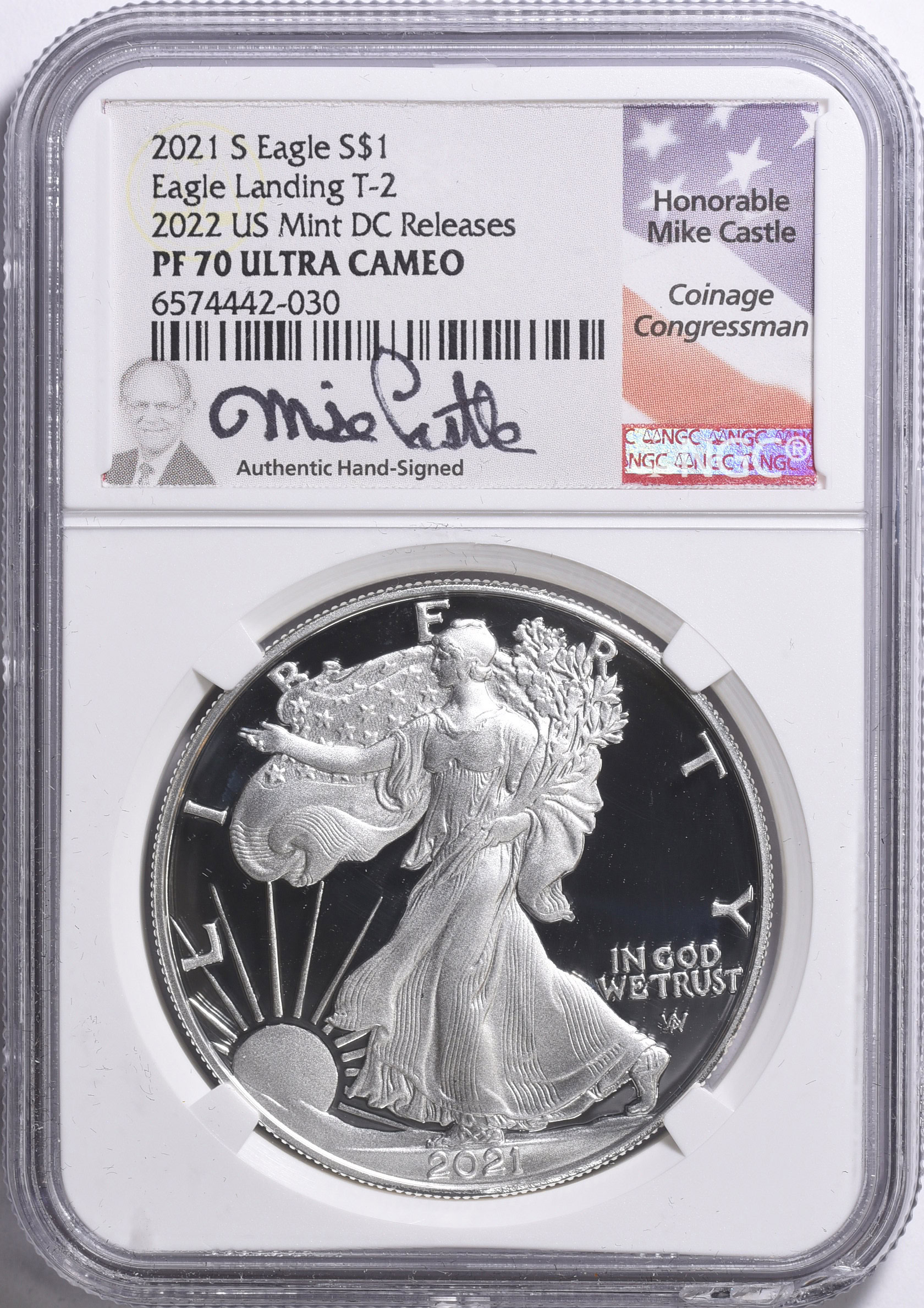 2021-S $1 Silver Eagle Type 2 2022 US Mint DC Releases NGC Proof-70 UC (Mike Castle Signed Label ...