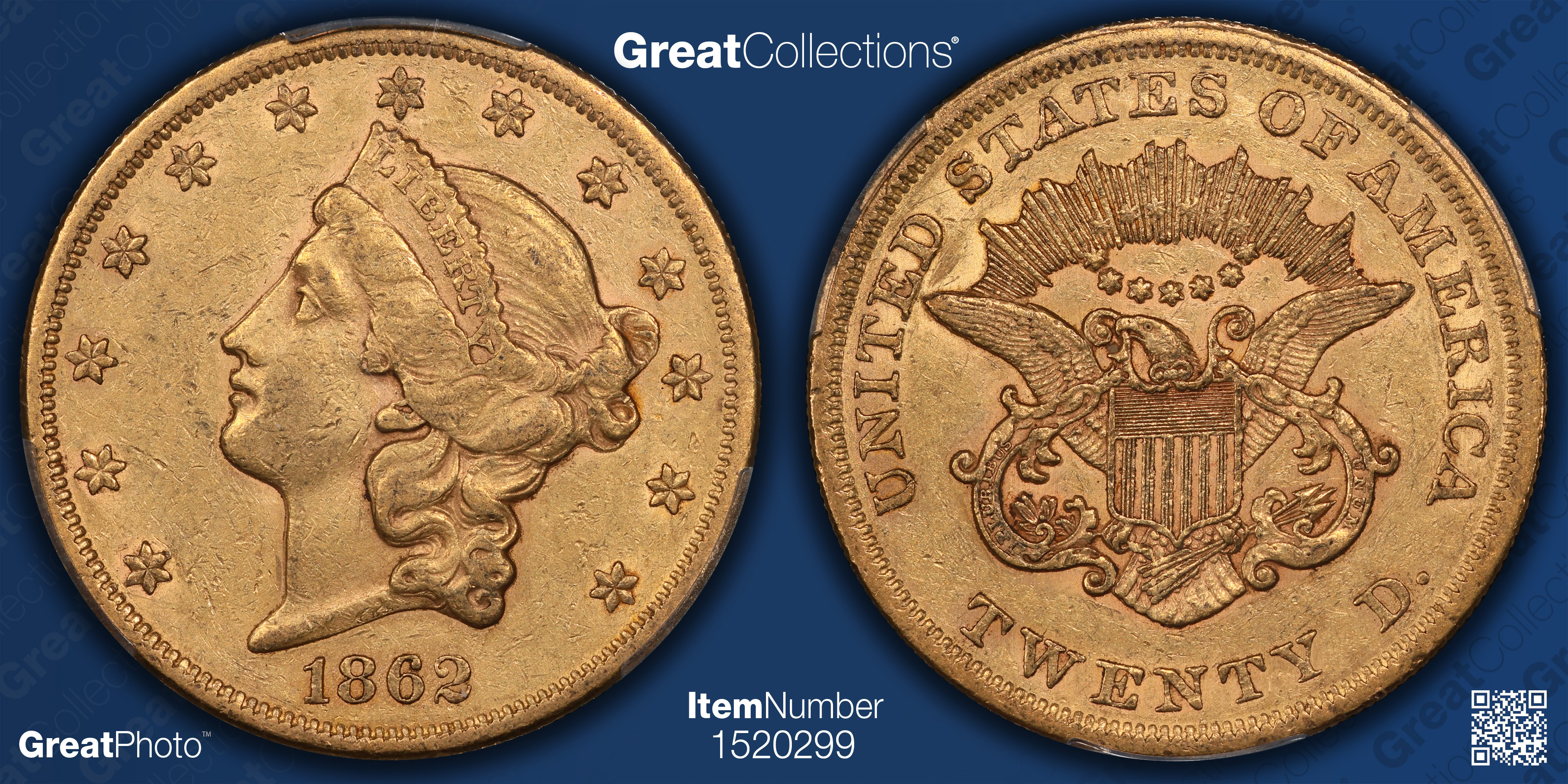 1862 Liberty Gold Double Eagle PCGS AU-50 (CAC Green) (The Fairmont ...