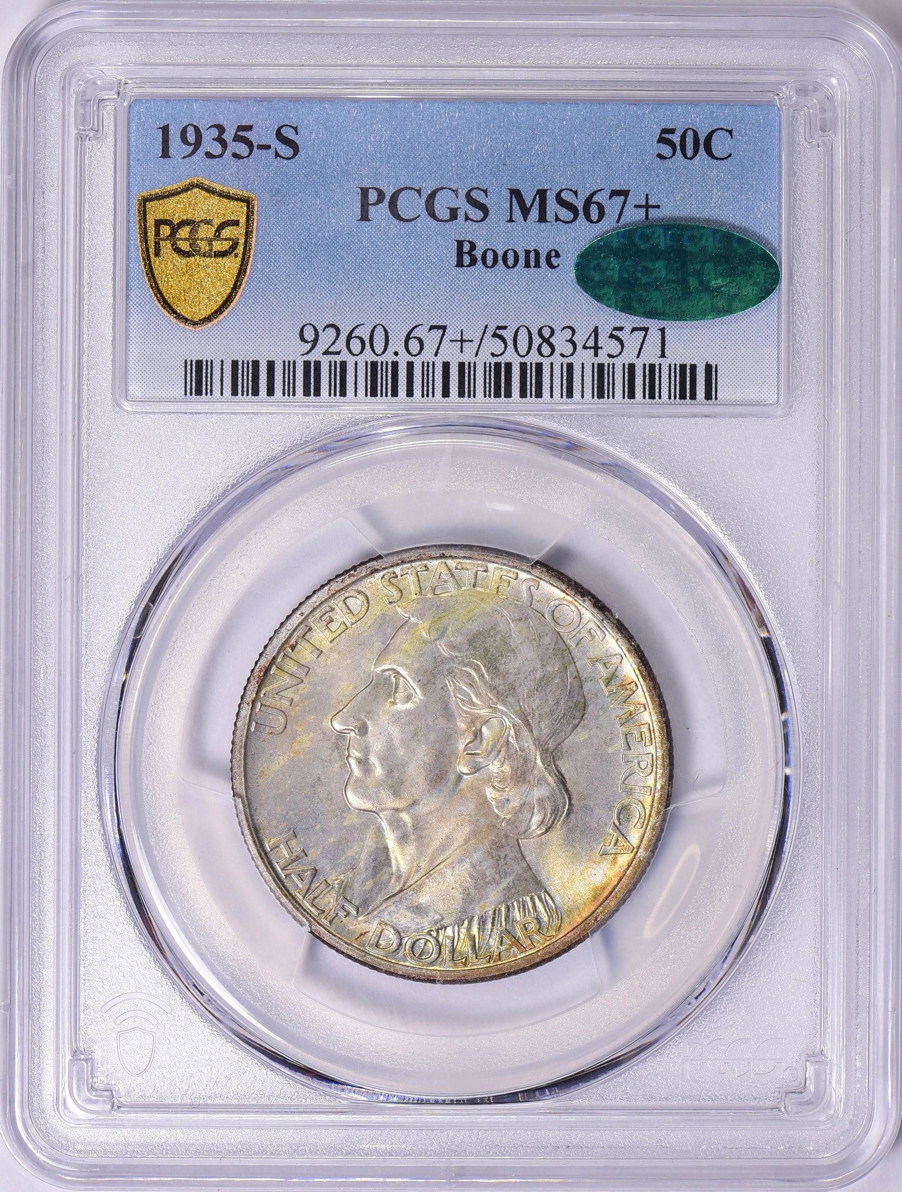 1935-S Daniel Boone Bicentennial Half Dollar PCGS MS-67+ (CAC Green) (Toned) (Item 1520635 ...
