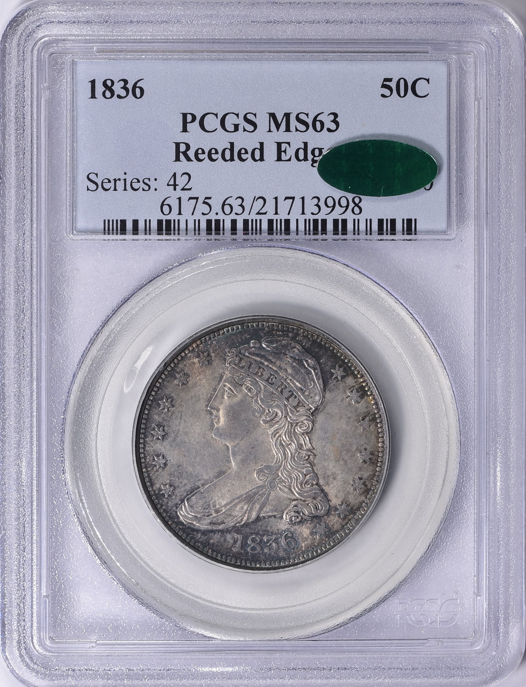 1836 Capped Bust Half Dollar Reeded Edge PCGS MS-63 (CAC Green) (Toned ...