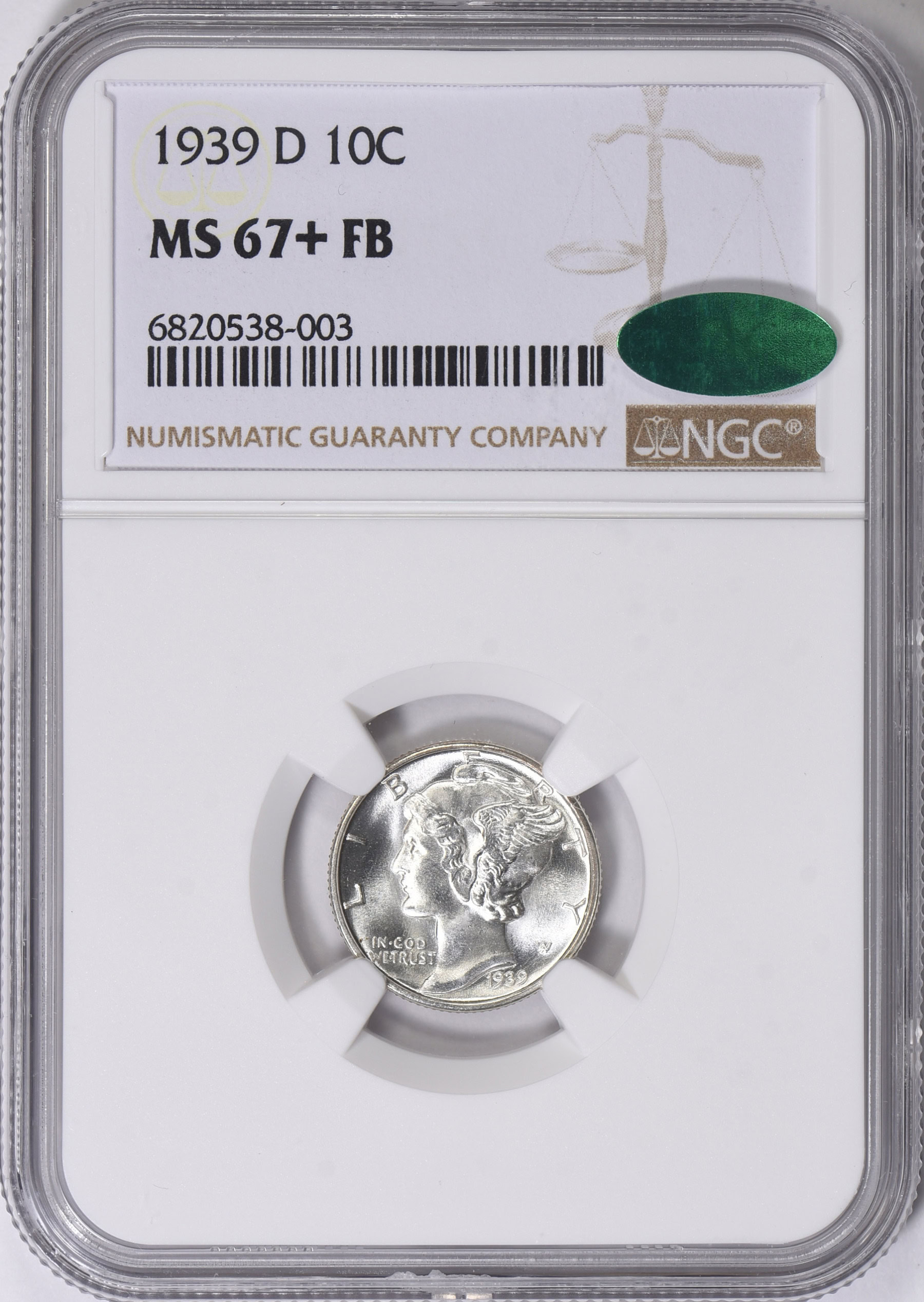 1939-D Mercury Dime NGC MS-67+ FB (CAC Green) (Item 1525418) | GreatCollections Coin Auctions