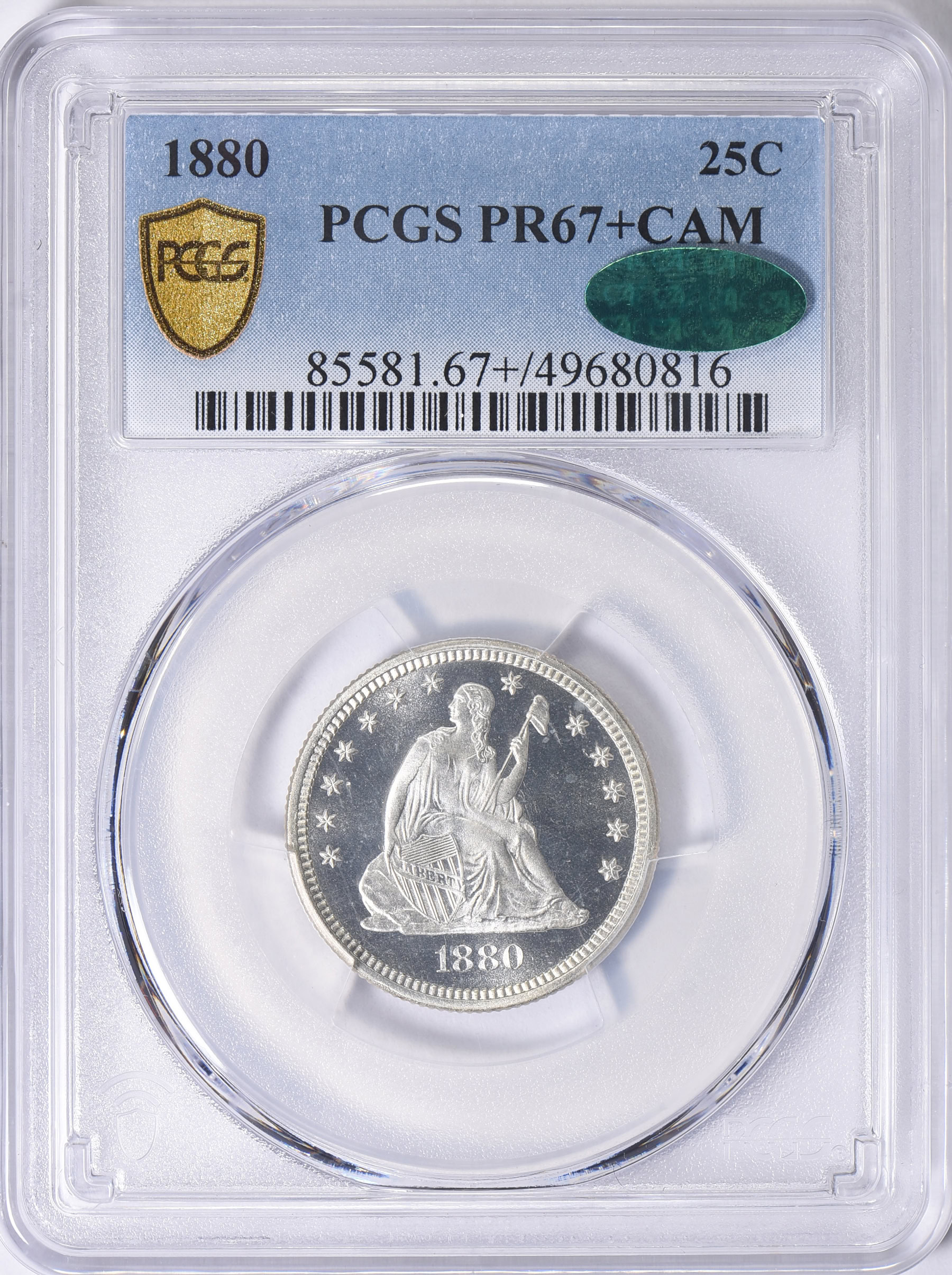 1880 Seated Liberty Quarter PCGS Proof-67+ CAMEO (CAC Green) (Item 1525444) | GreatCollections ...