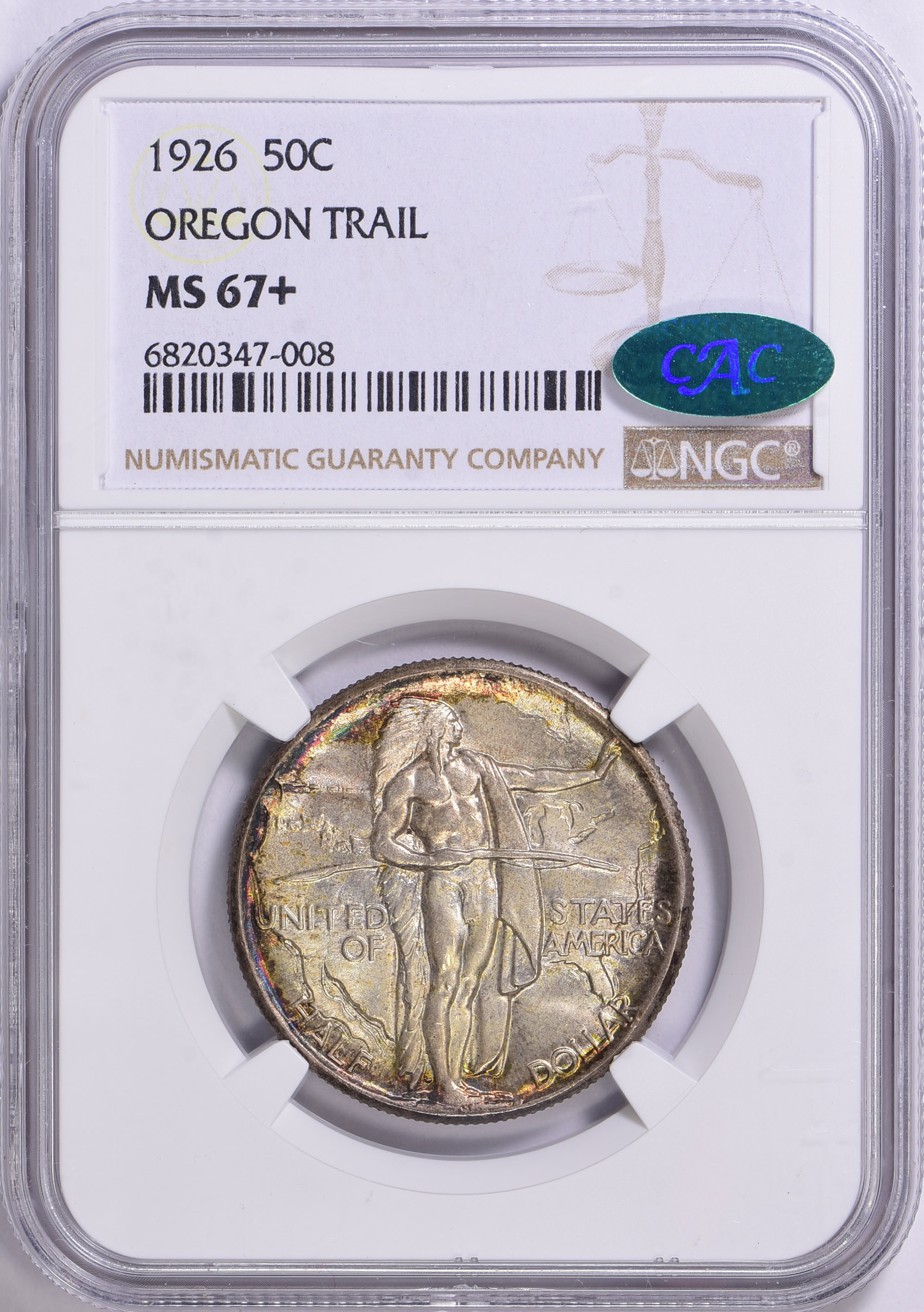 1926 Oregon Trail Memorial Half Dollar NGC MS-67+ (CAC Green) (Toned) (Item 1525495 ...