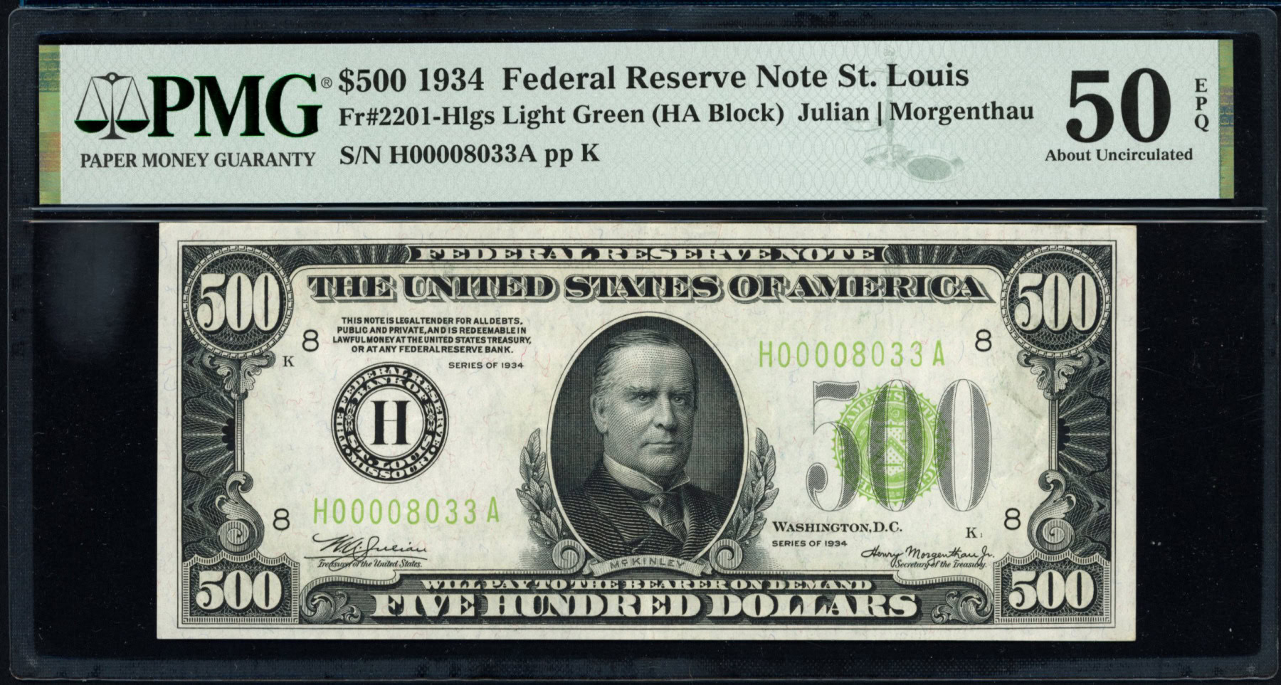 Fr. 2201-Hlgs Light Green (HA Block) 1934 $500 St. Louis Federal ...