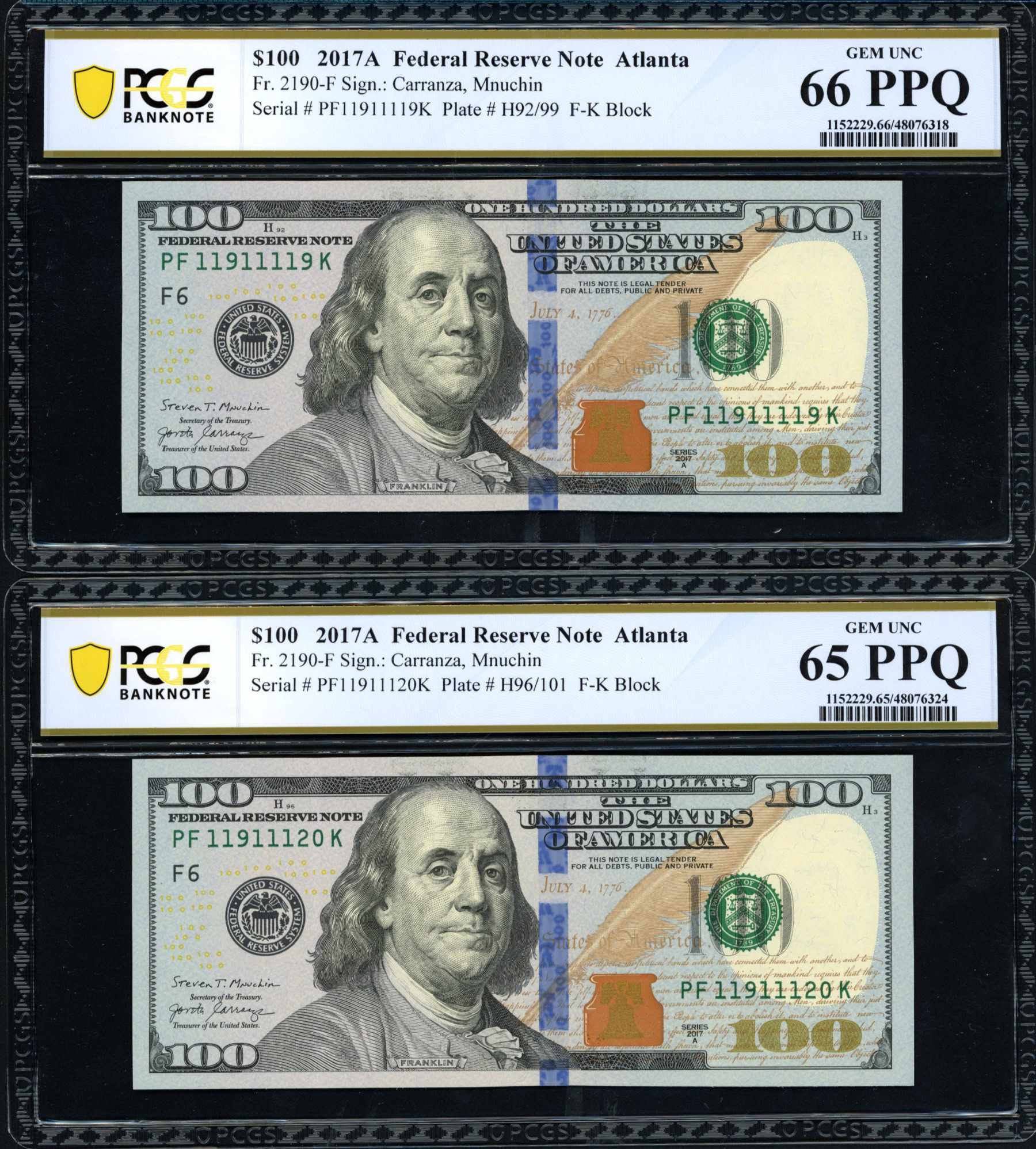 Fr. 2190-F (PFK Block) 2017A $100 Atlanta Federal Reserve Notes ...