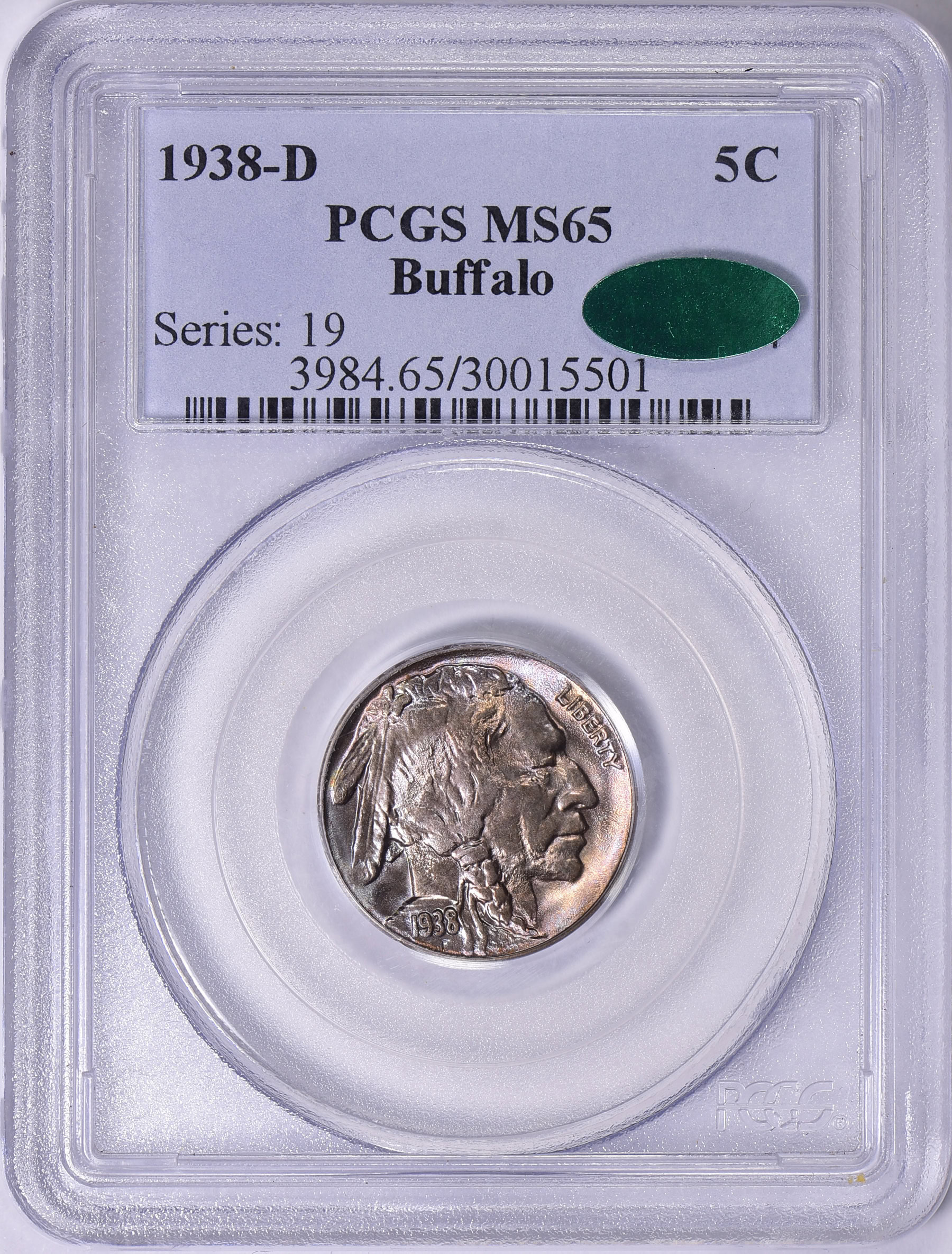 1938-D Buffalo Nickel PCGS MS-65 (CAC Green) (Toned) (Item 1527583) | GreatCollections Coin Auctions