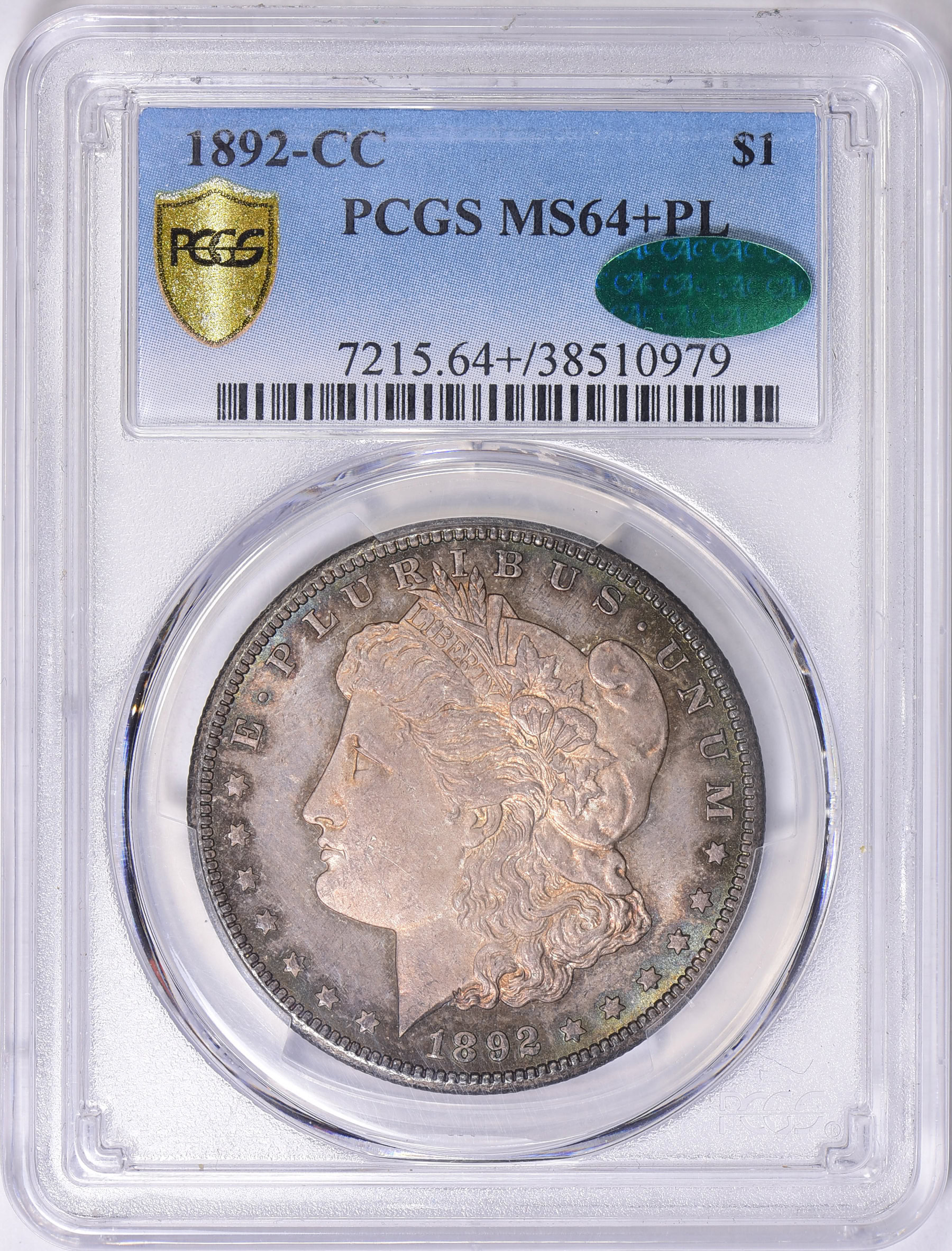 1892-CC Morgan Silver Dollar PCGS MS-64+ PL (CAC Green) (Toned) (Item 1527607 ...