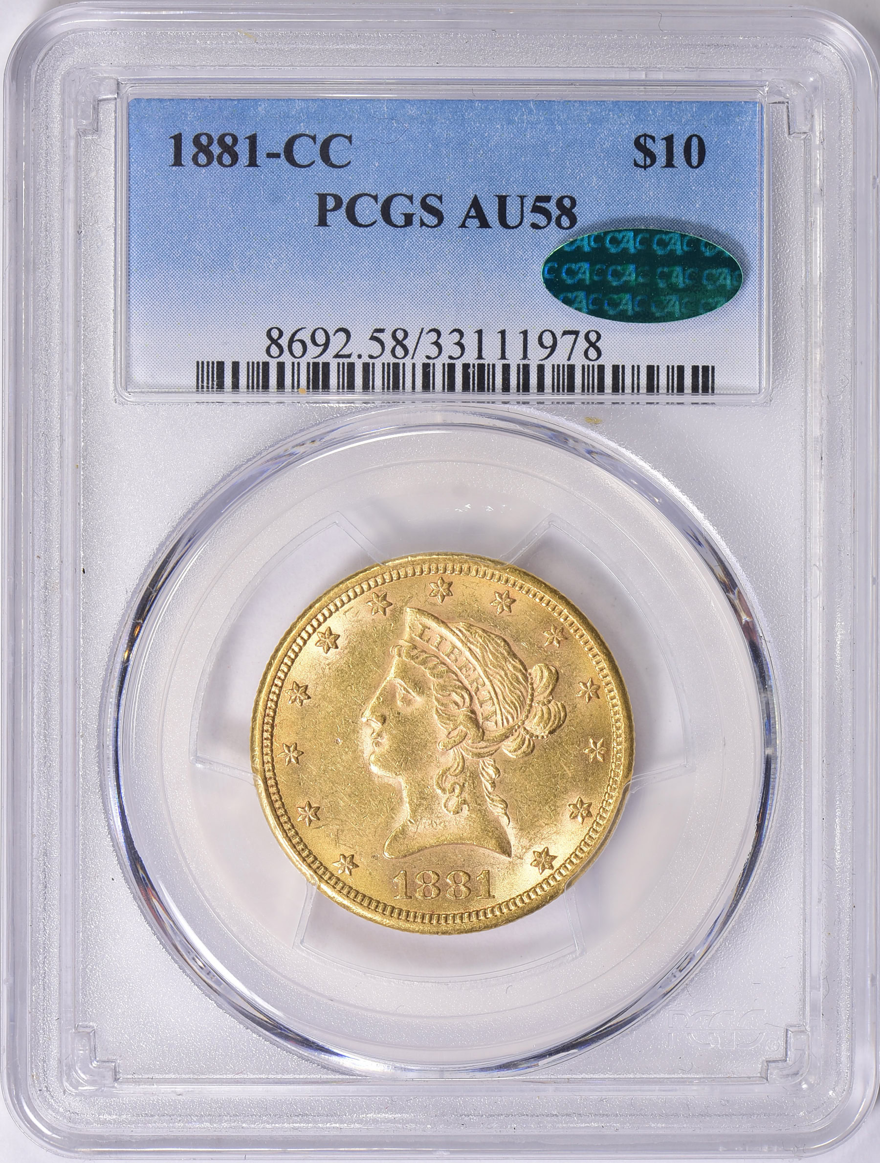 1881-CC Liberty Gold Eagle PCGS AU-58 (CAC Green) (Item 1527619) | GreatCollections Coin Auctions