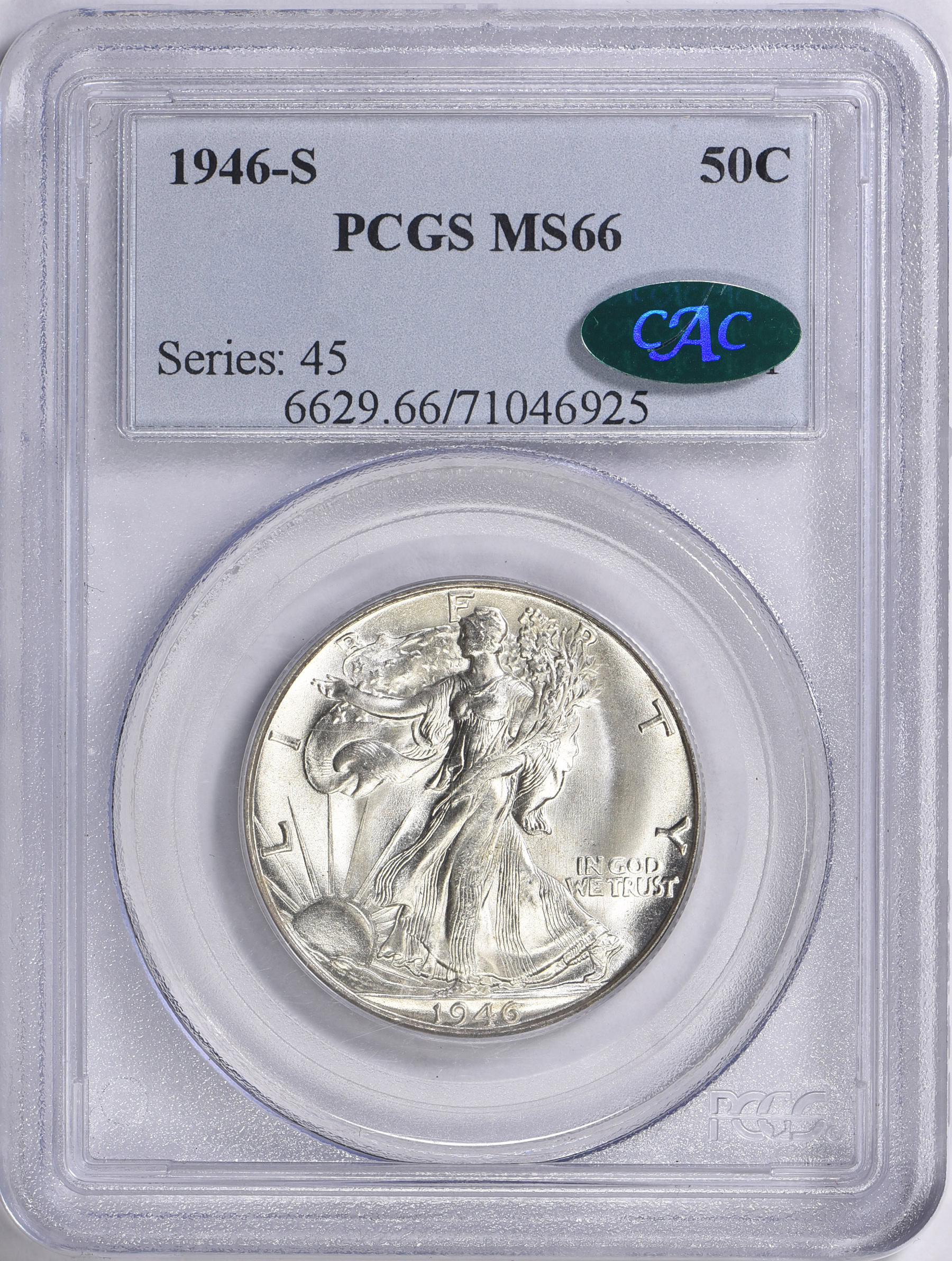 1946-S Walking Liberty Half Dollar PCGS MS-66 (CAC Green) (Item 1527627) | GreatCollections Coin ...