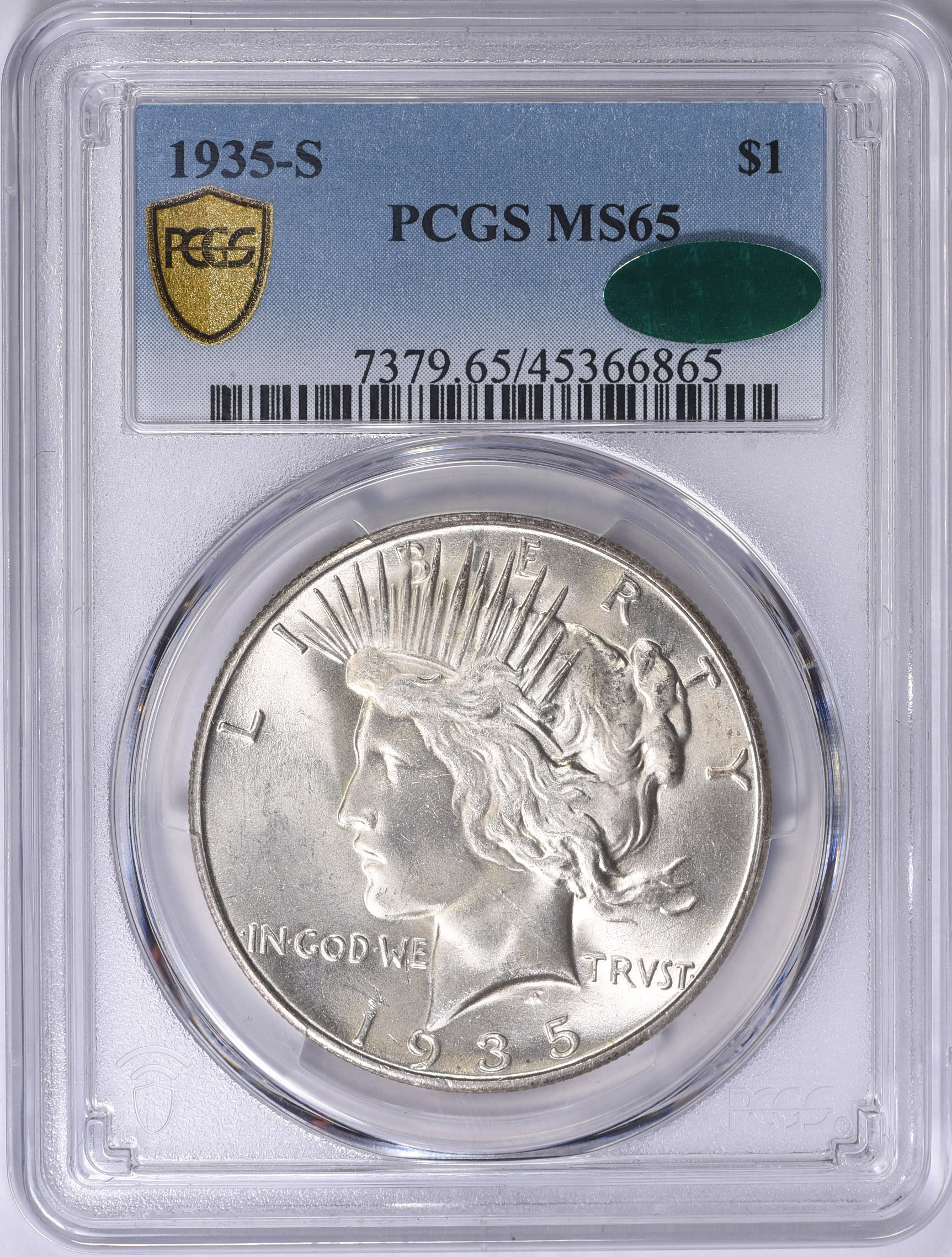 1935-S Peace Silver Dollar PCGS MS-65 (CAC Green) (Item 1529373) | GreatCollections Coin Auctions