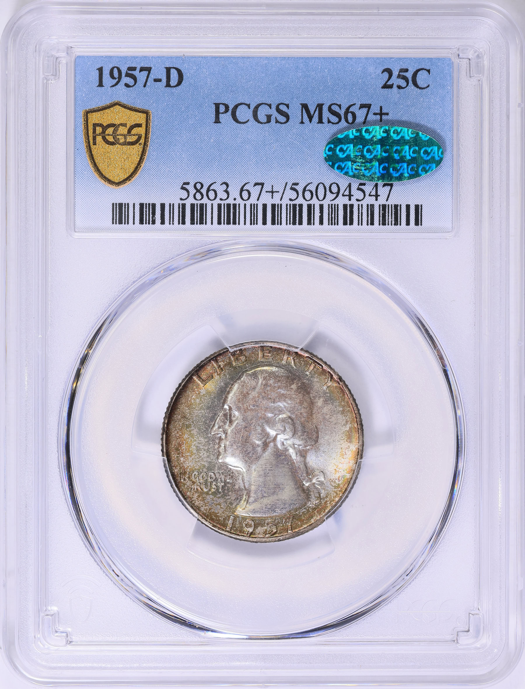 1957-D Washington Quarter PCGS MS-67+ (CAC Green) (Toned) (Item 1530158) | GreatCollections Coin ...