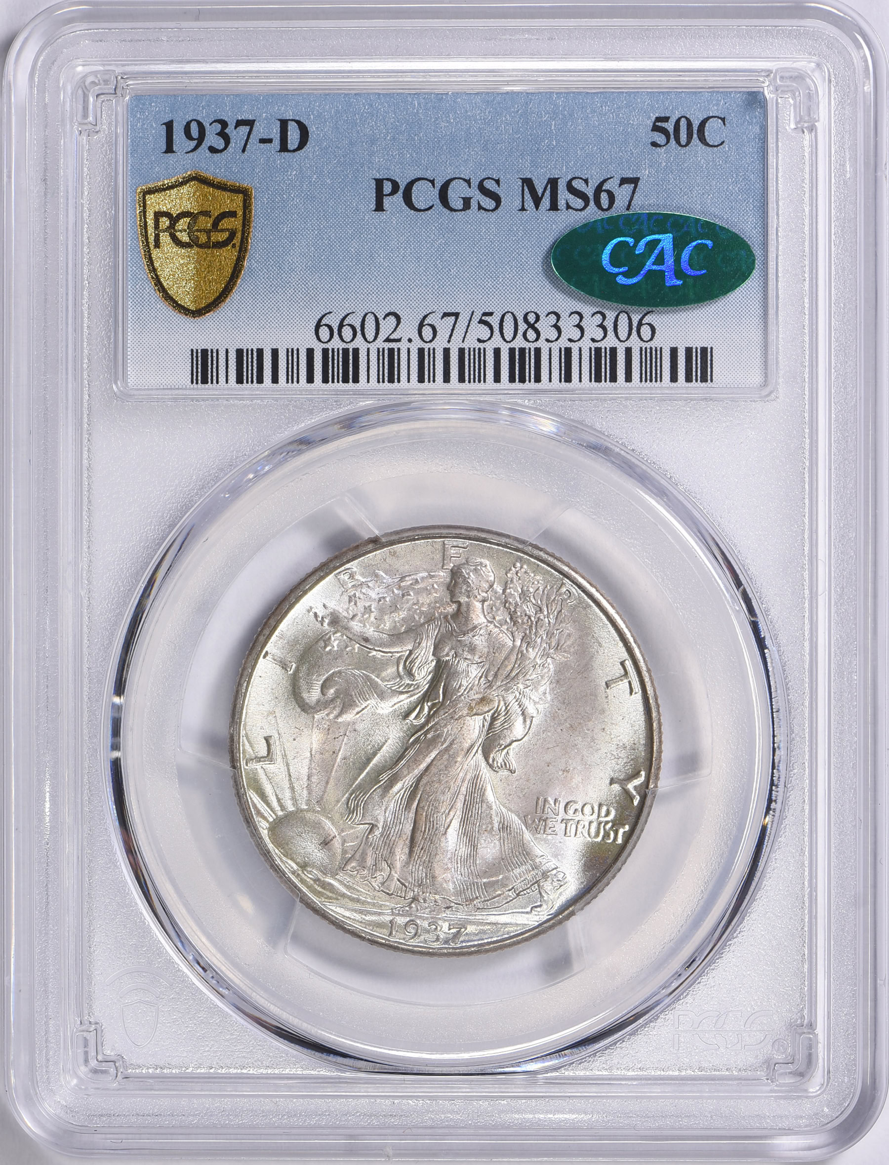 1937-D Walking Liberty Half Dollar PCGS MS-67 (CAC Green) (Toned) (Item 1530179 ...