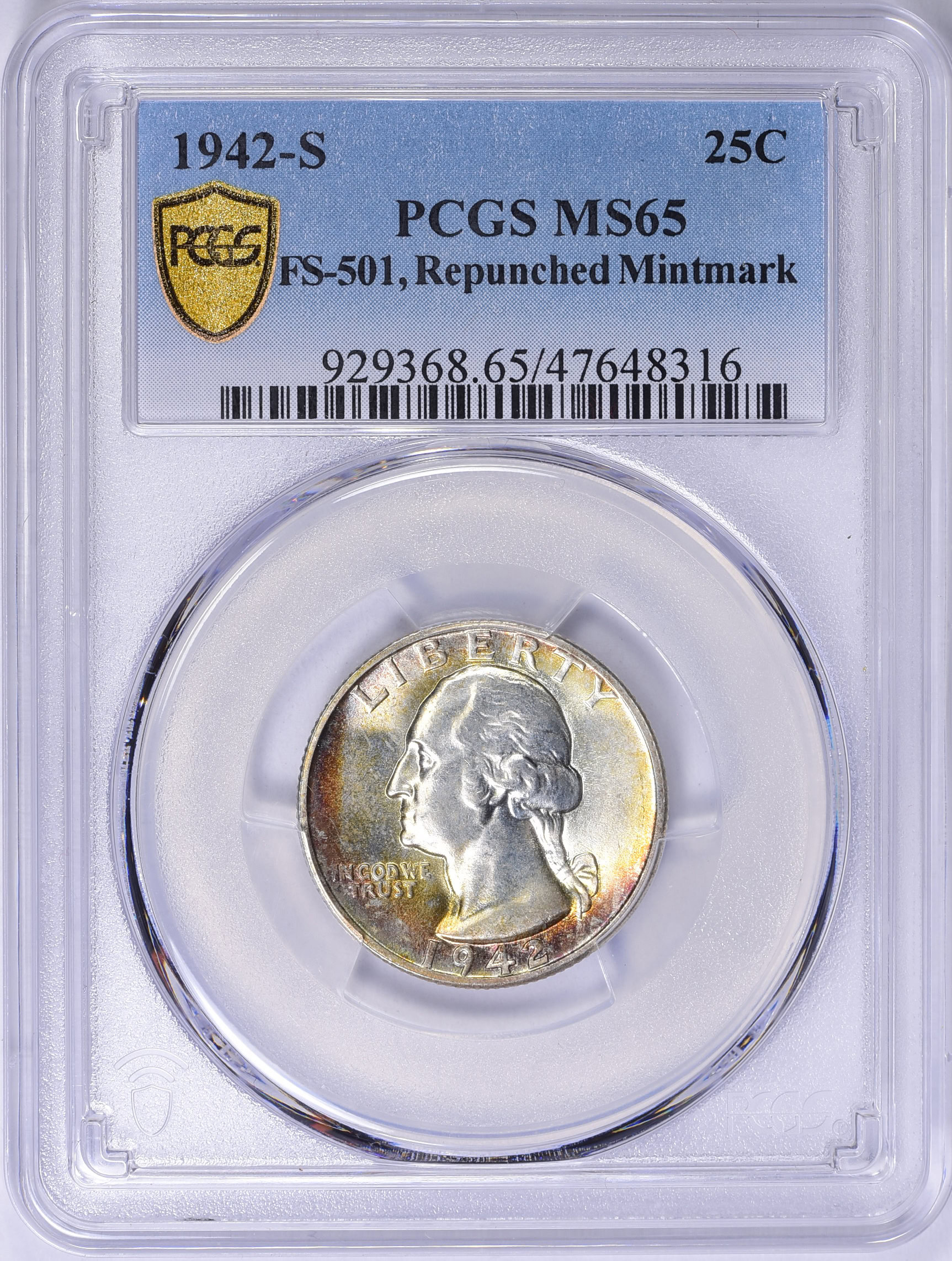 1942-S Washington Quarter FS-501, Repunched Mintmark PCGS MS-65 (Toned) (Item 1531665 ...