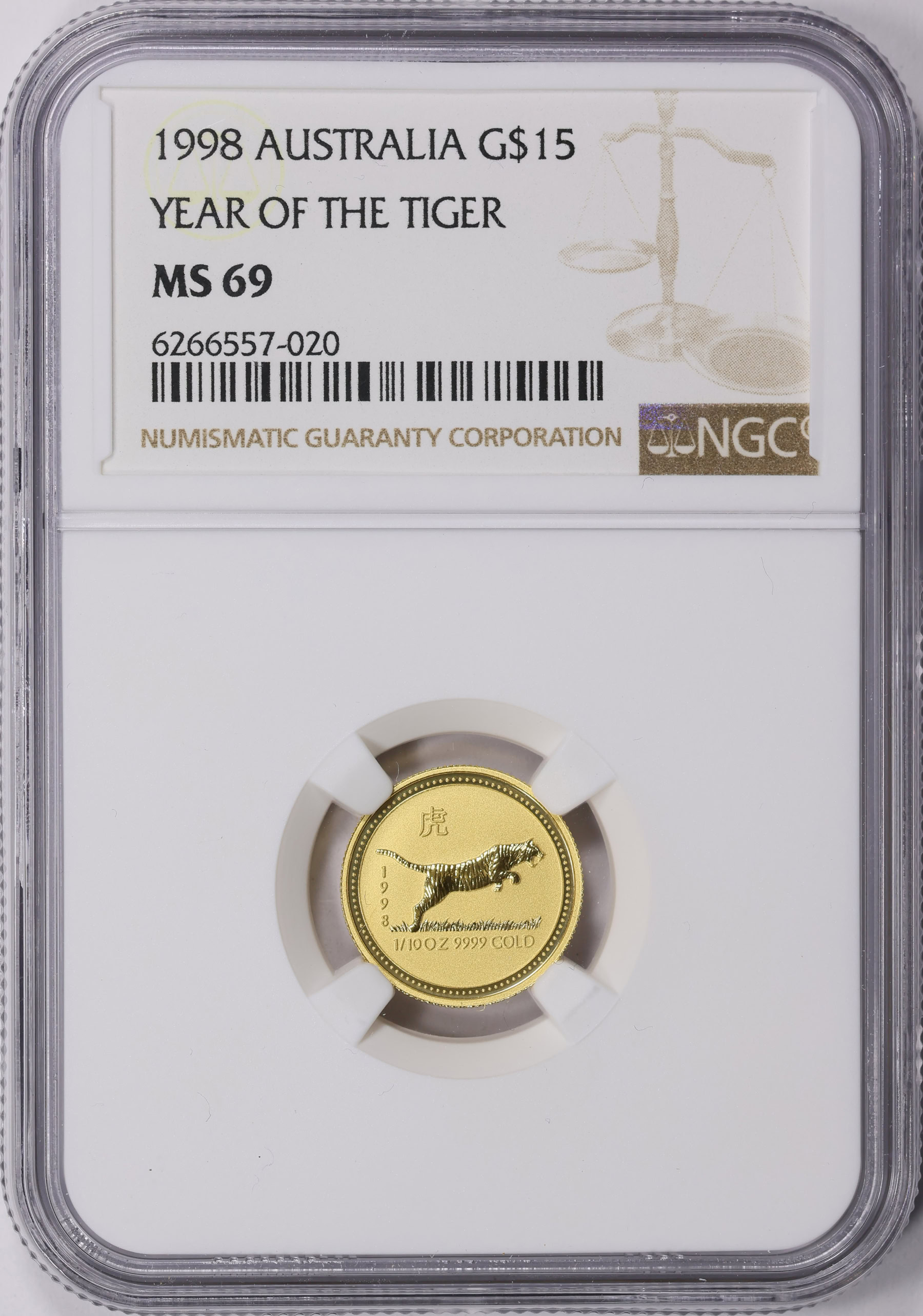 Australia 1998 Gold $15 Lunar Series, Year of the Tiger KM-506 NGC MS ...