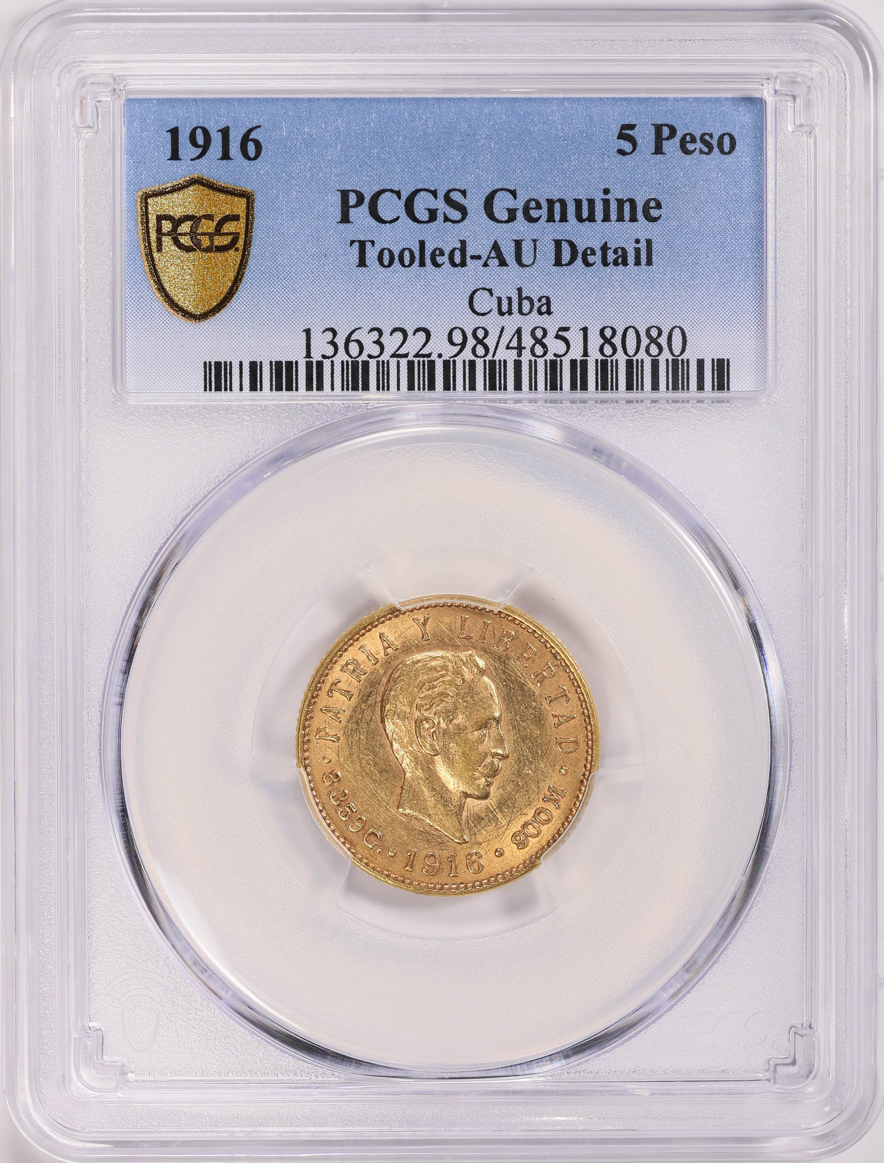 Cuba 1916 Gold 5 Pesos KM-19 PCGS Genuine AU Details (AGW = 0.2419 oz ...