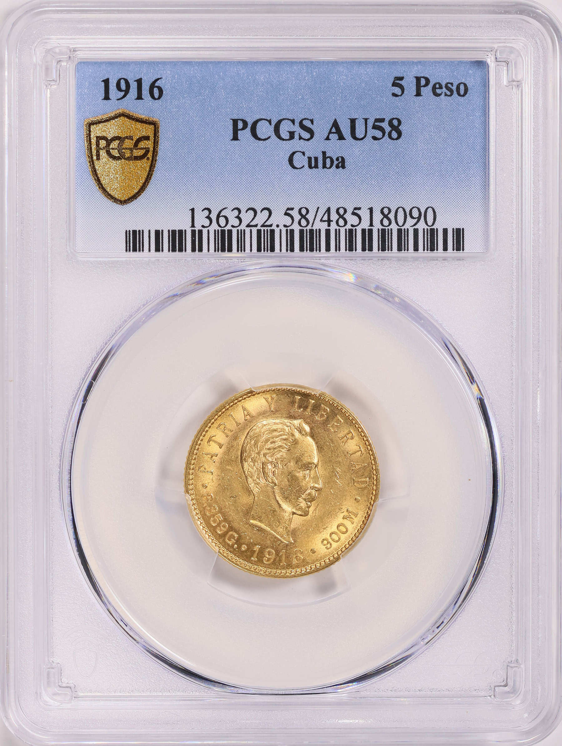 Cuba 1916 Gold 5 Pesos KM-19 PCGS AU-58 (AGW = 0.2419 oz.) (Item ...