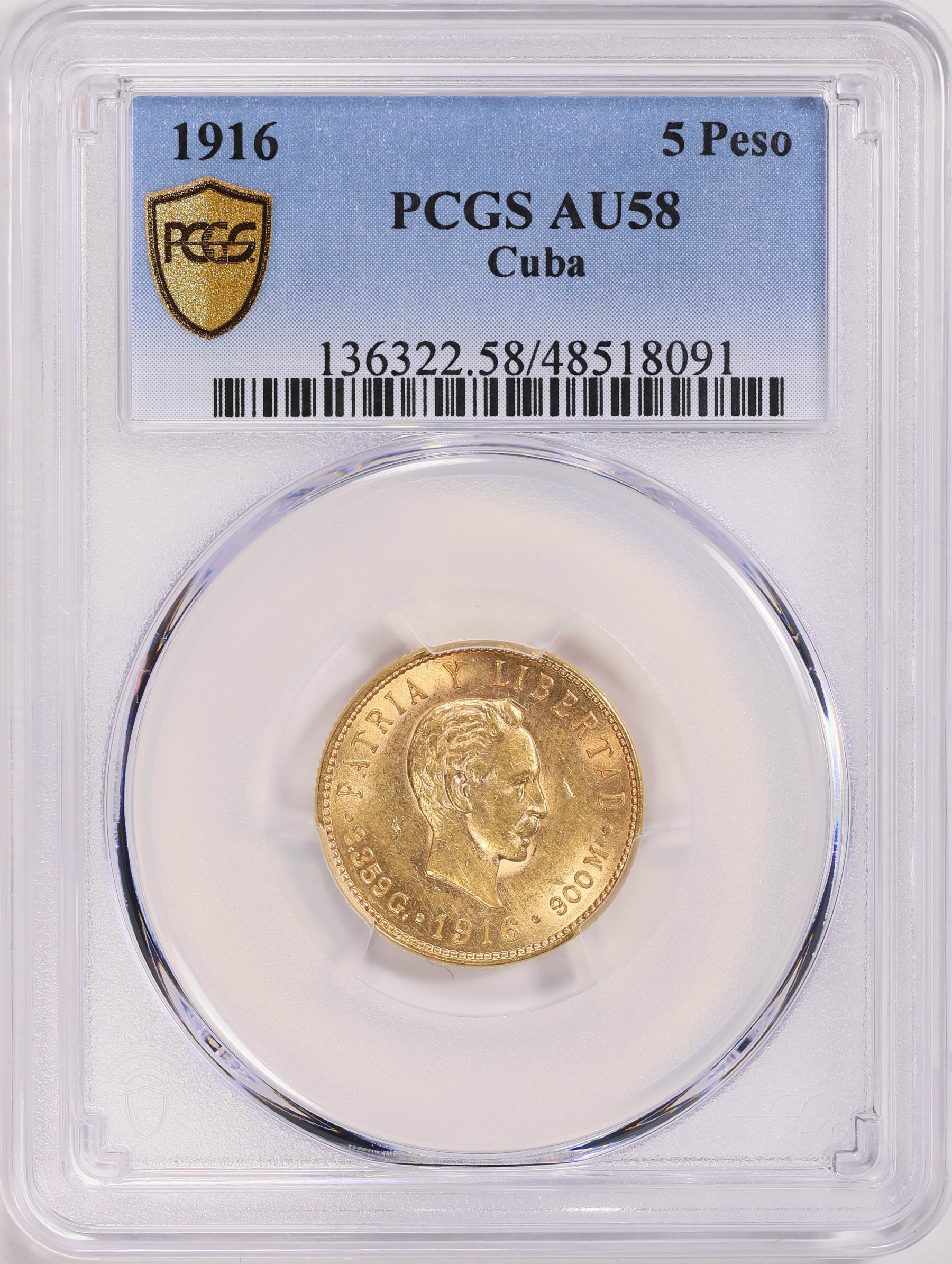 Cuba 1916 Gold 5 Pesos KM-19 PCGS AU-58 (AGW = 0.2419 oz.) (Item ...