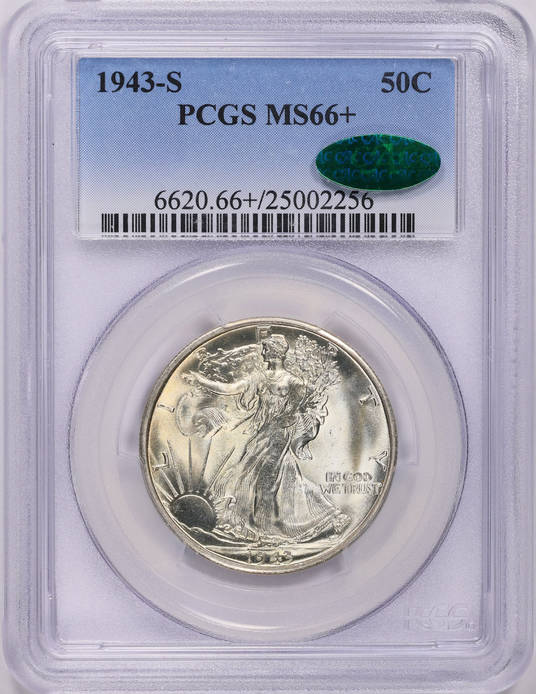 1943-S Walking Liberty Half Dollar PCGS MS-66+ (CAC Green) (Item 1533770) | GreatCollections ...