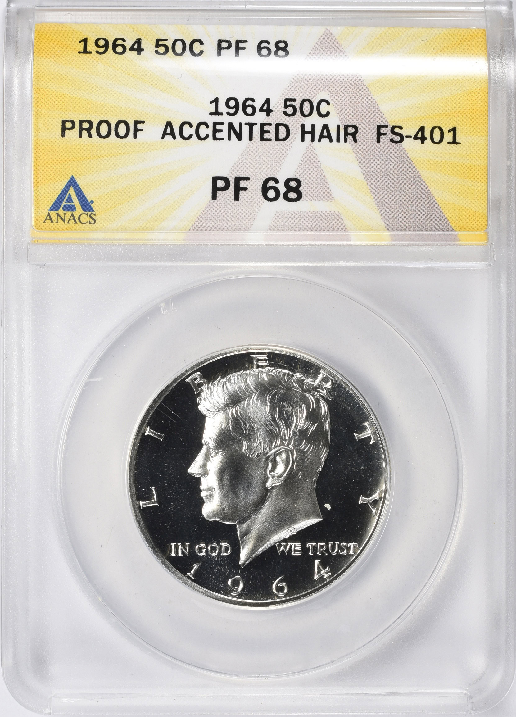 1964 Kennedy Half Dollar Accented Hair, FS-401 ANACS Proof-68 (Item 1534241) | GreatCollections ...