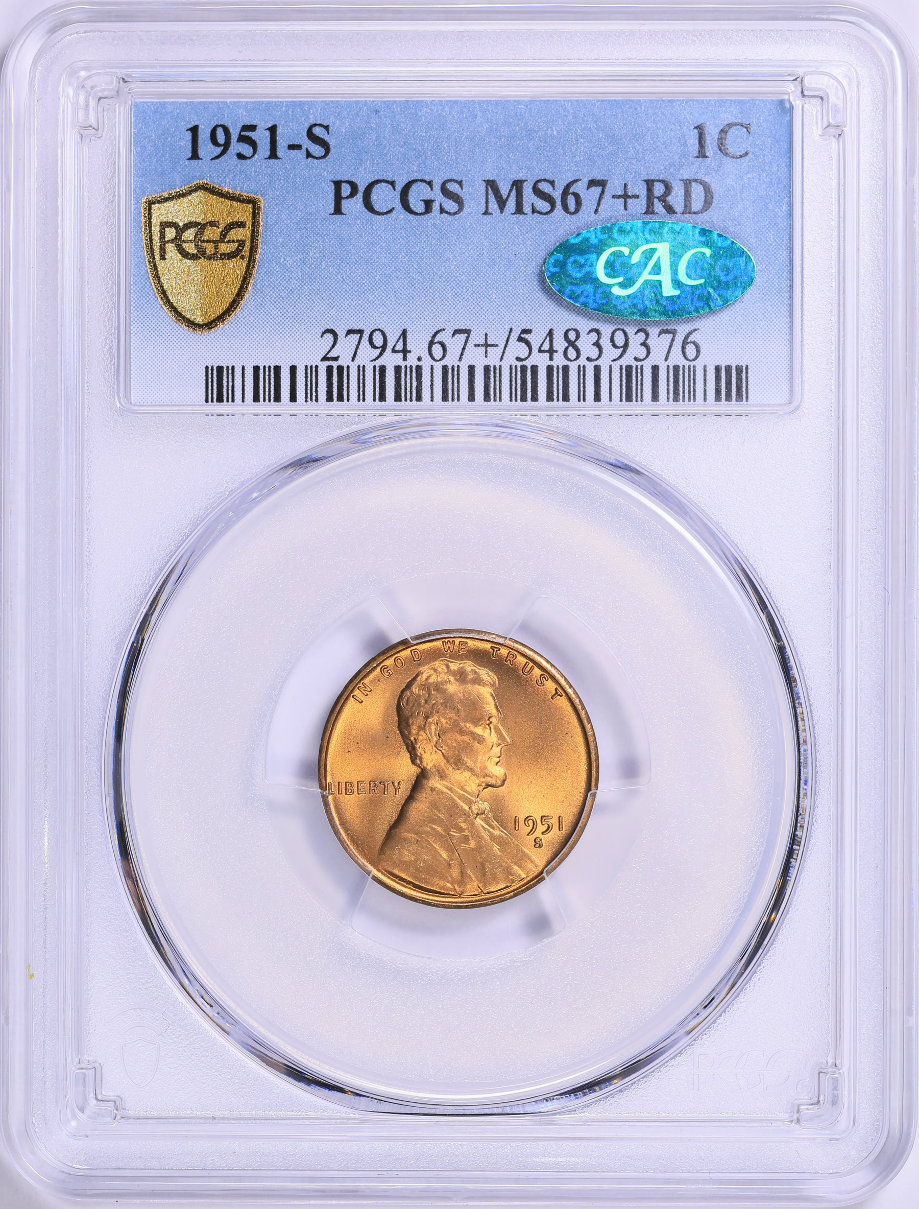 1951-S Lincoln Cent PCGS MS-67+ RD (CAC Green) (Item 1534328) | GreatCollections Coin Auctions