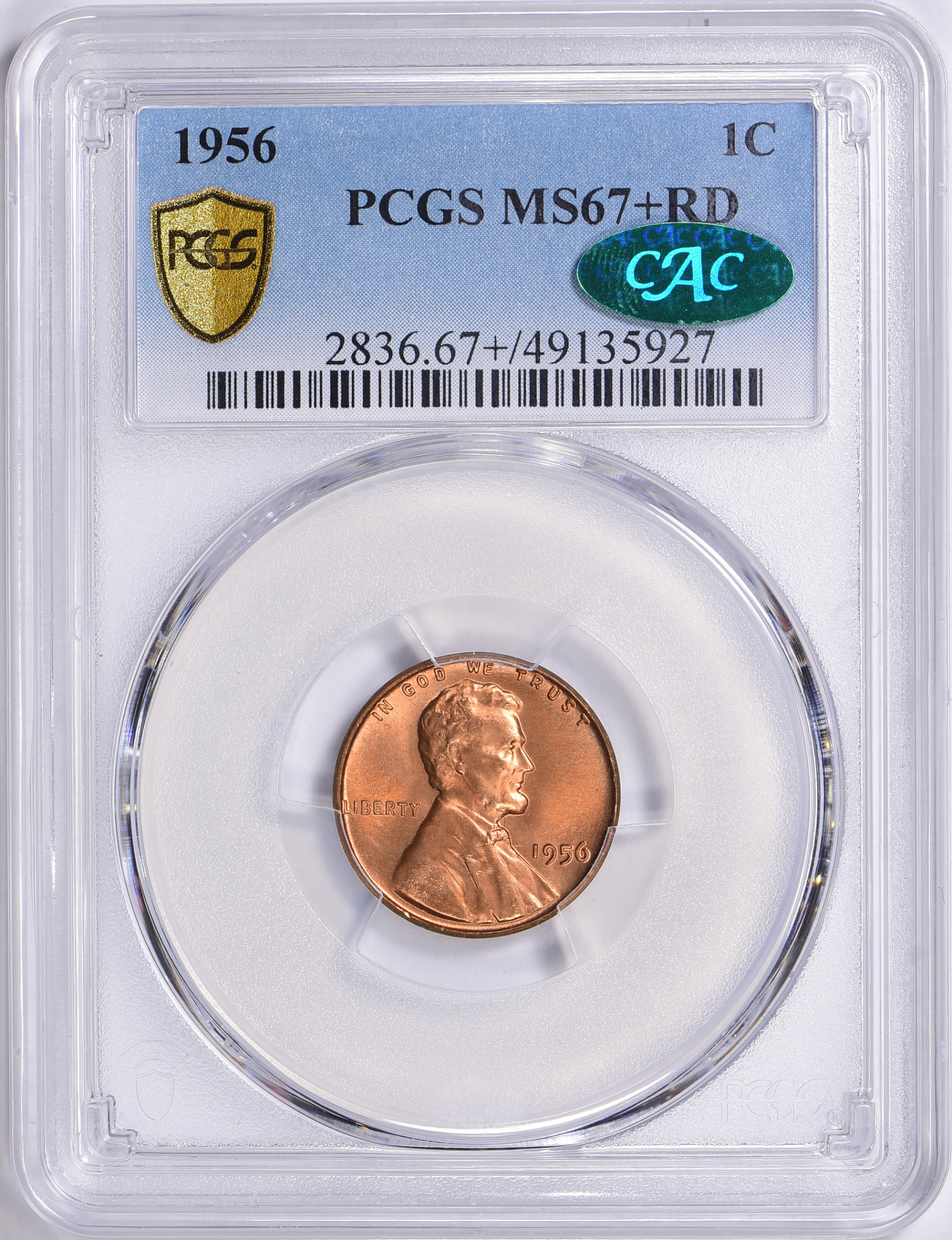 1956 Lincoln Cent PCGS MS-67+ RD (CAC Green) (Item 1534350) | GreatCollections Coin Auctions