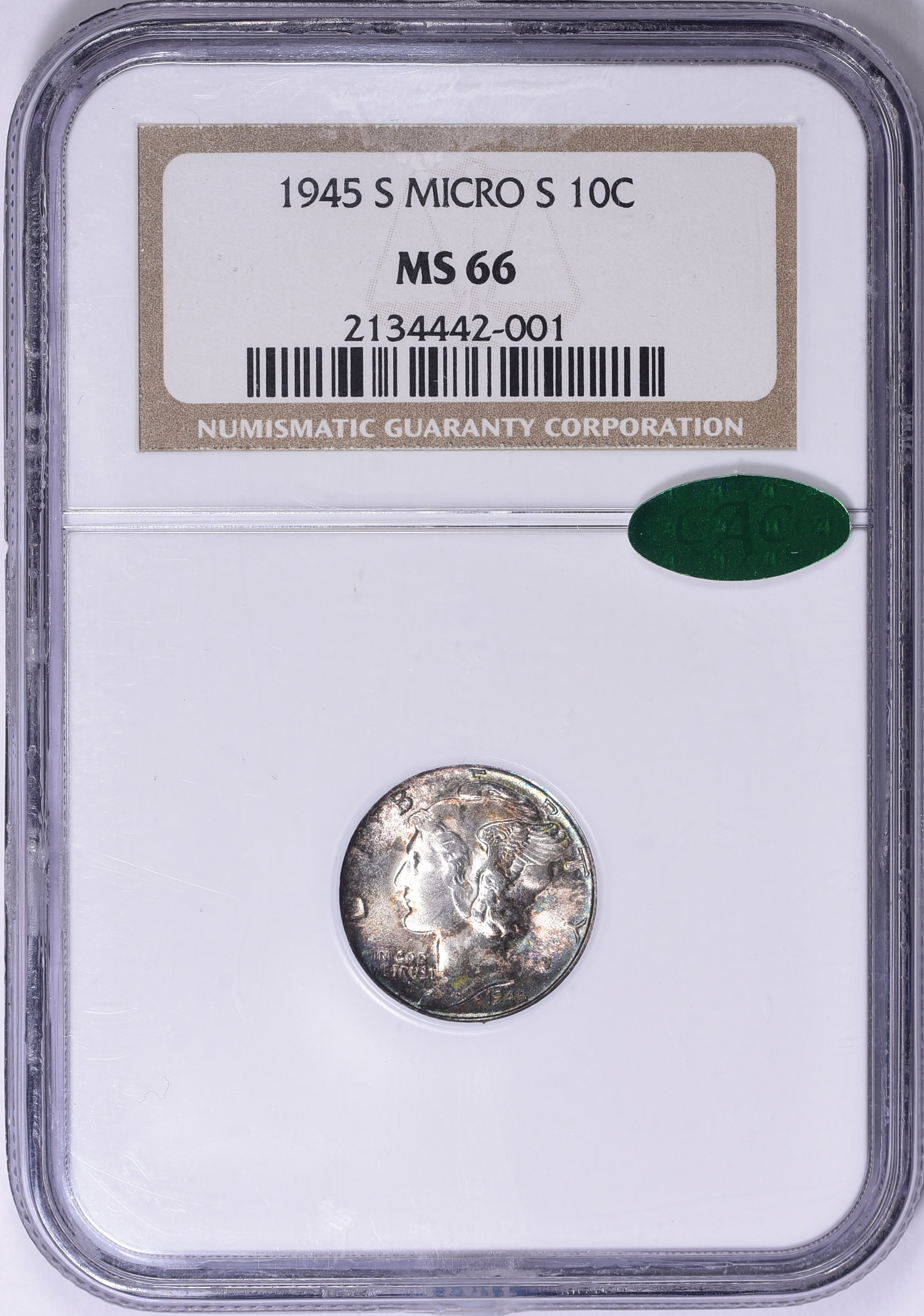 1945-S Mercury Dime Micro S NGC MS-66 (CAC Green) (Toned) (Item 1534524) | GreatCollections Coin ...