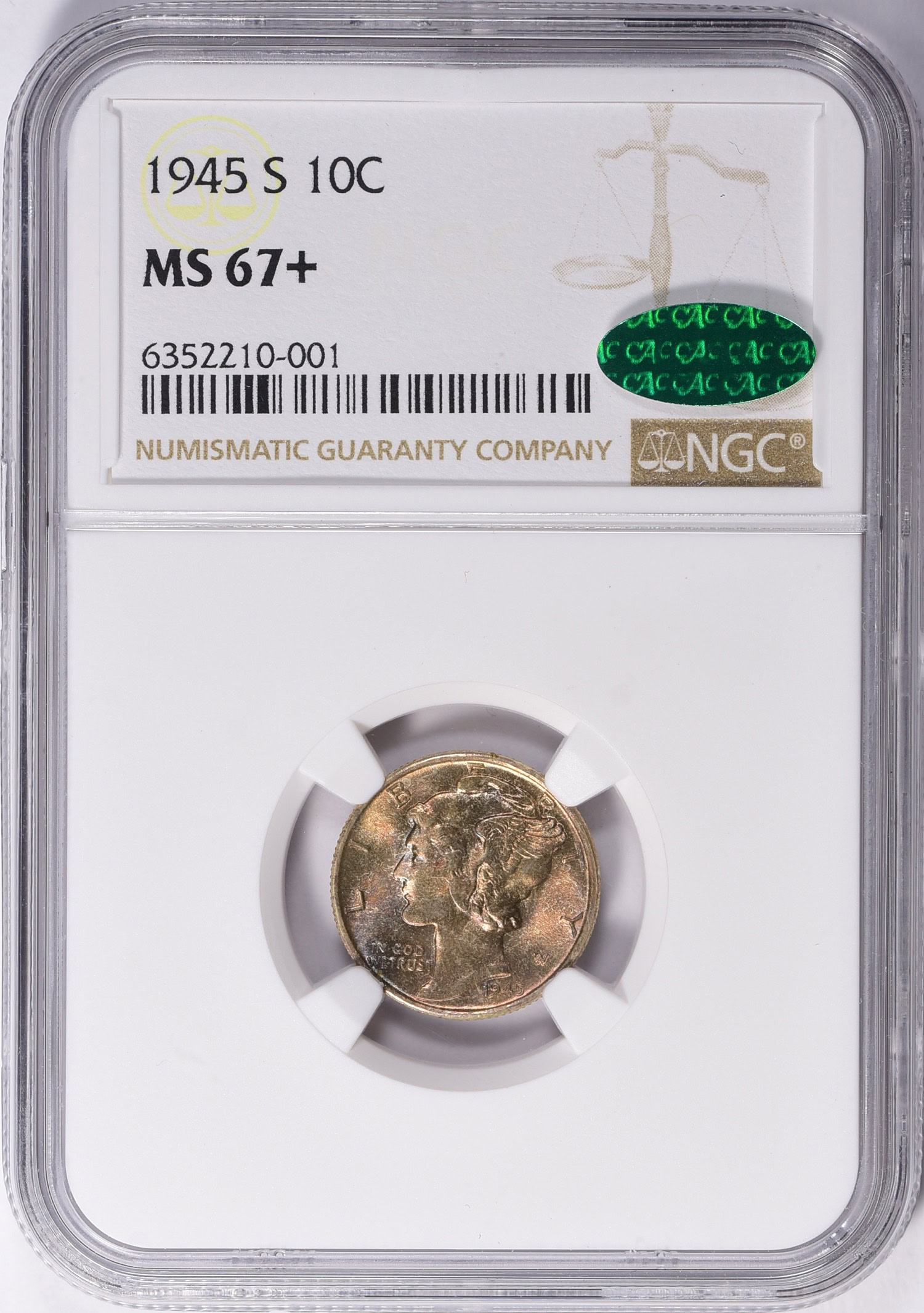 1945-S Mercury Dime NGC MS-67+ (CAC Green) (Toned) (Item 1534527) | GreatCollections Coin Auctions