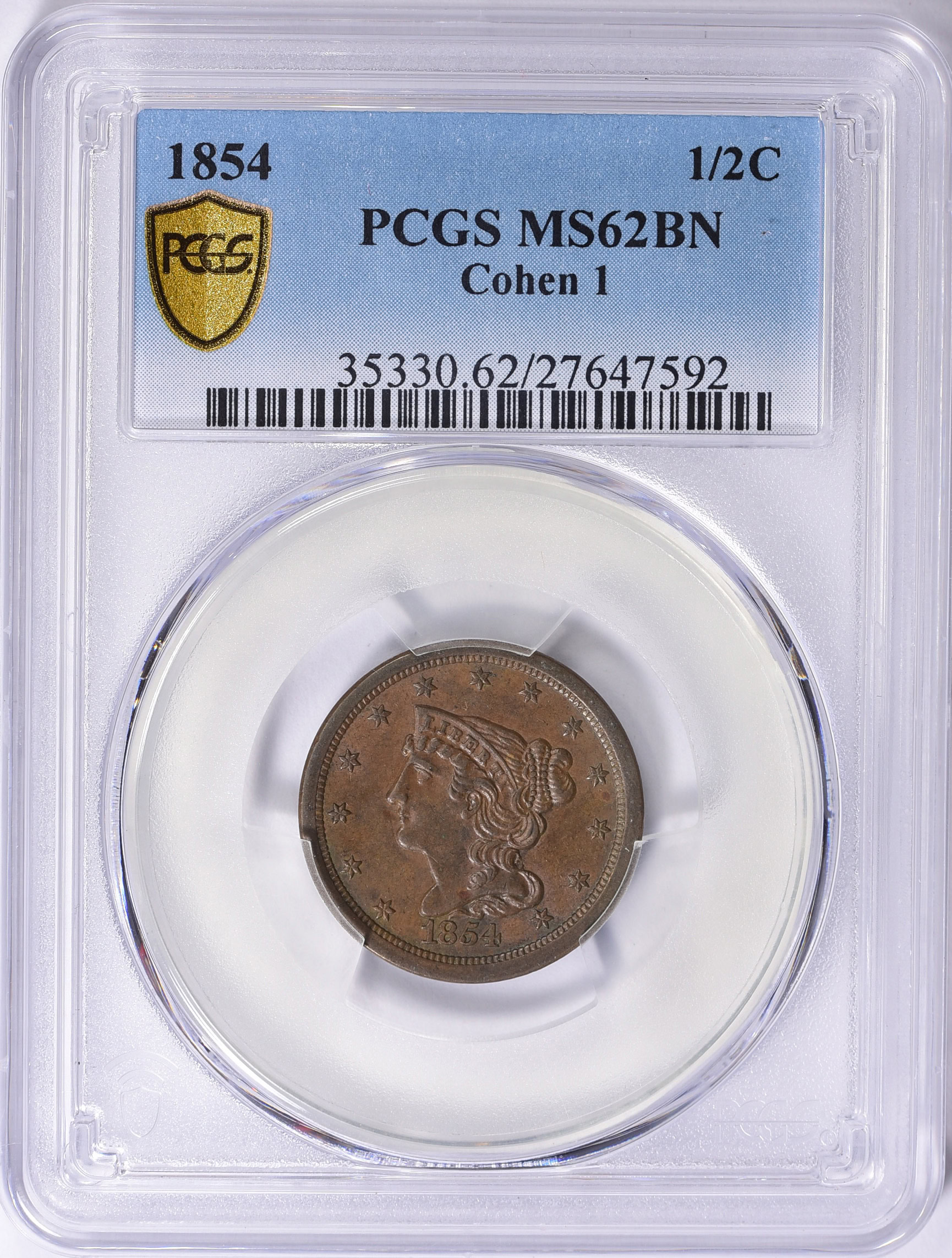 1854 Braided Hair Half Cent Cohen 1 PCGS MS-62 BN (Item 1535264) | GreatCollections Coin Auctions