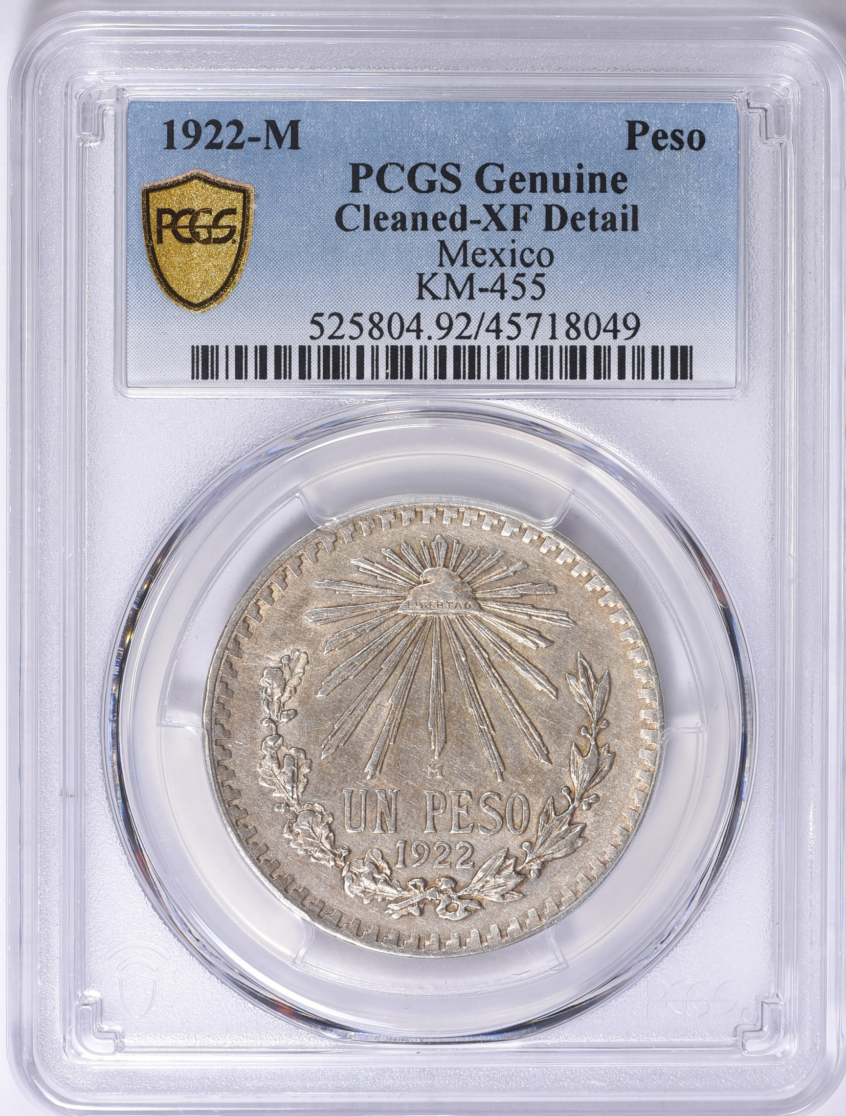 Mexico 1922-M Silver Peso KM-455 PCGS Genuine XF Details (Item 1536042 ...
