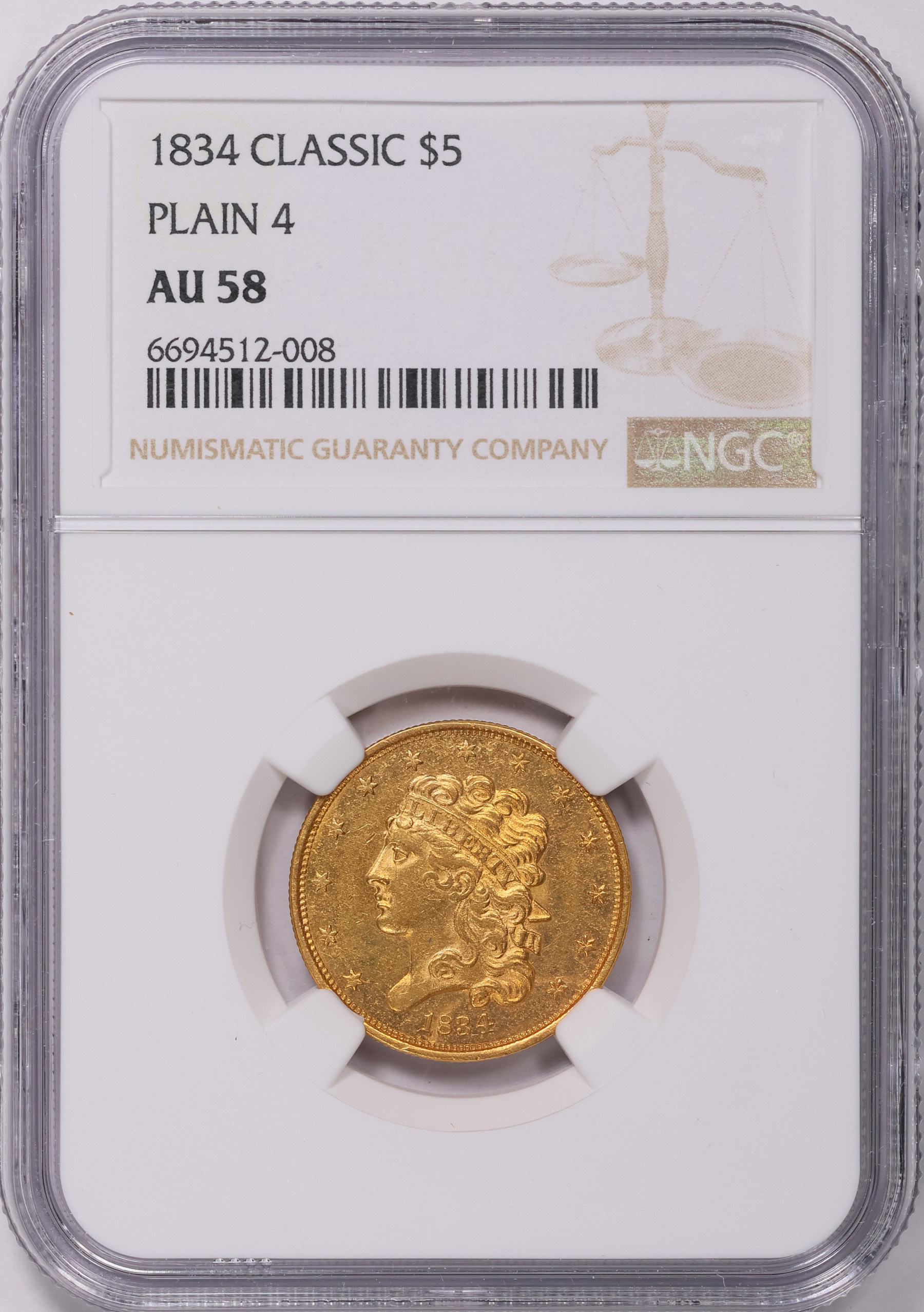 1834 Classic Gold Half Eagle Plain 4 NGC AU-58 (Item 1536432) | GreatCollections Coin Auctions