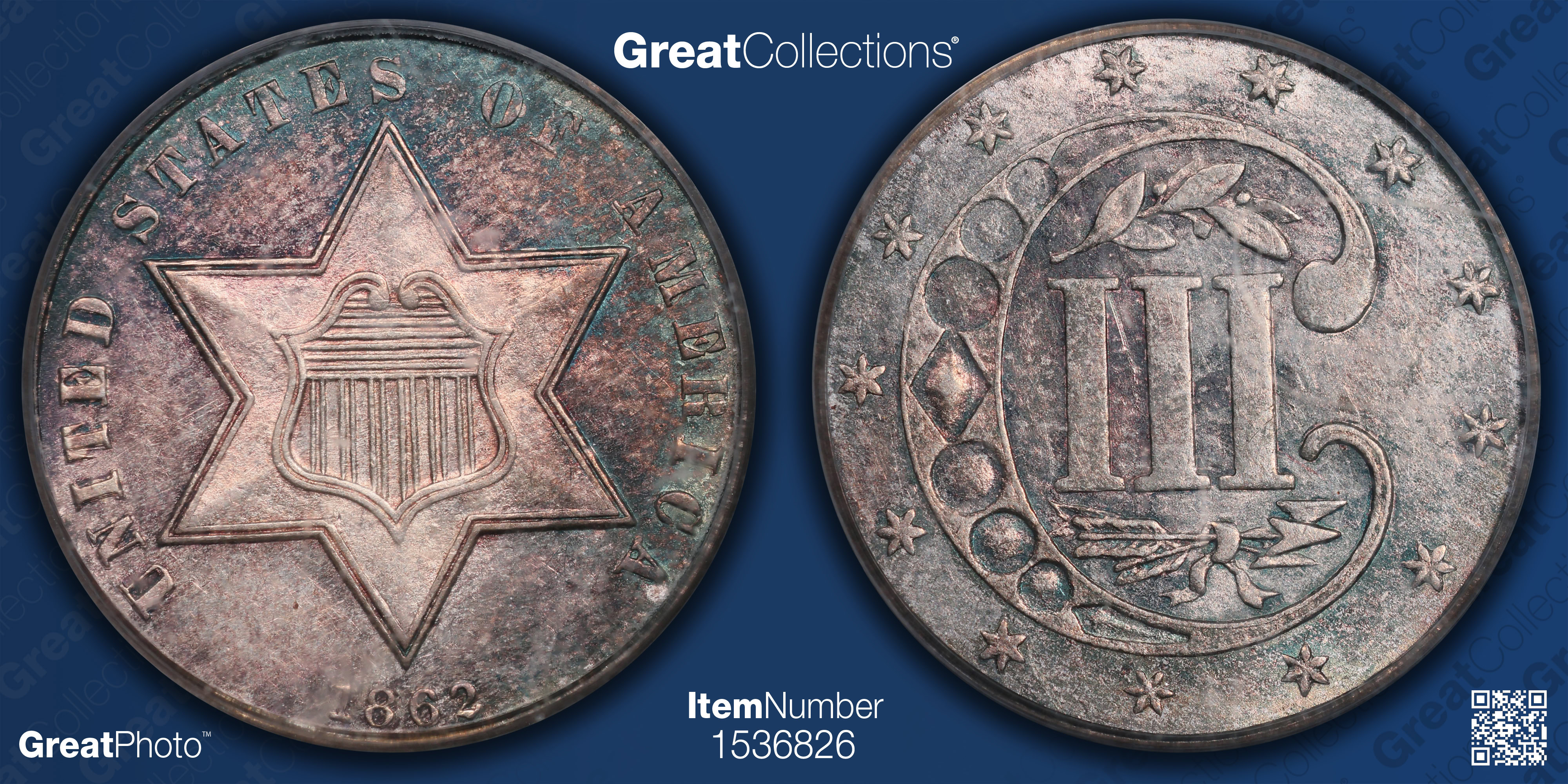 1862 Silver Three-Cent Piece PCGS AU-58 (Toned) (Item 1536826 ...