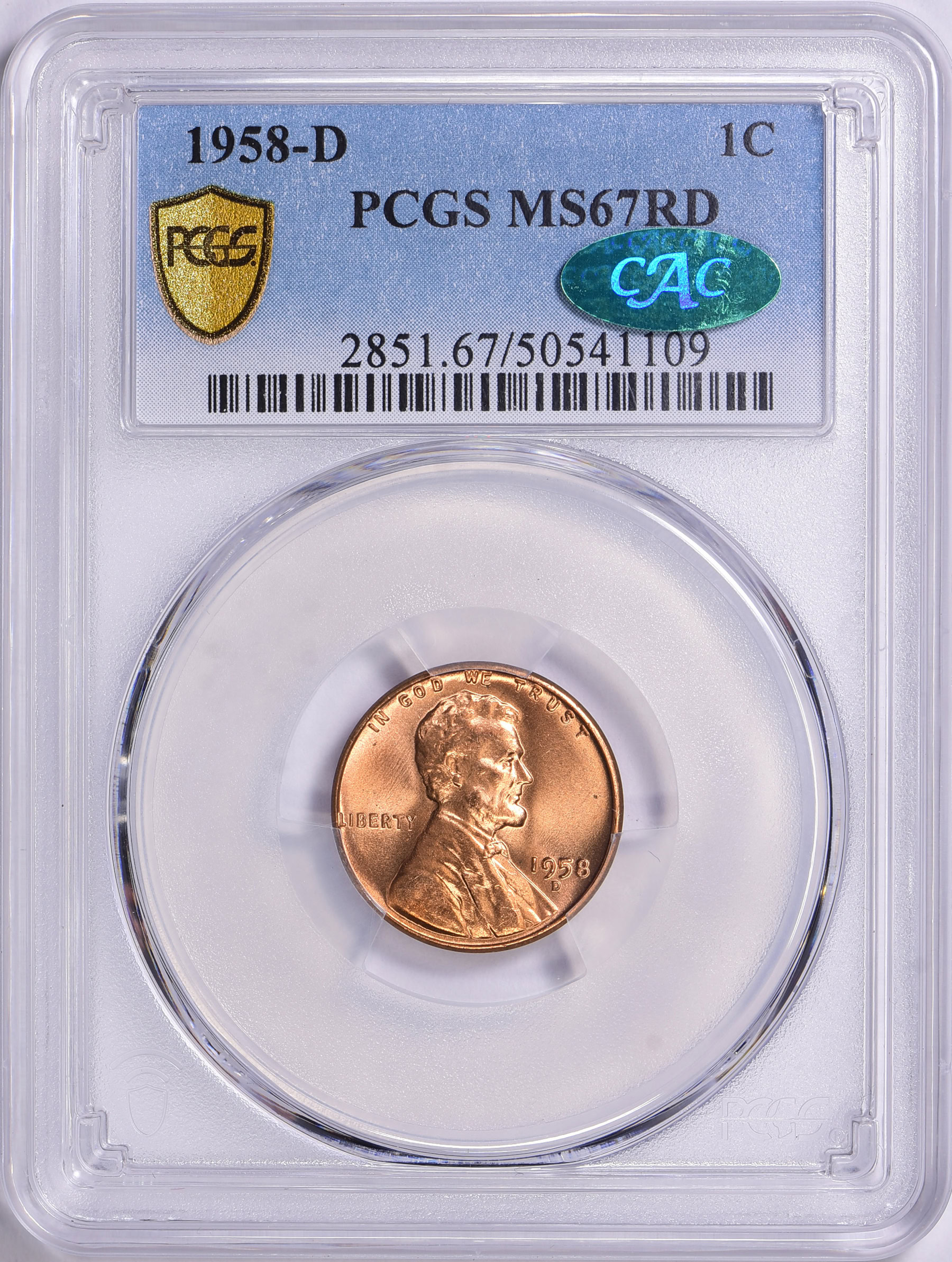 1958-D Lincoln Cent PCGS MS-67 RD (CAC Green) (Item 1538129) | GreatCollections Coin Auctions