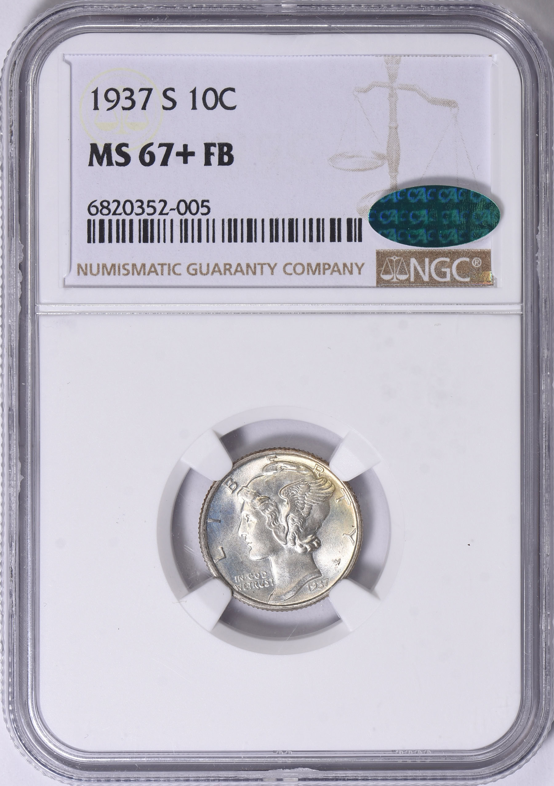 1937-S Mercury Dime NGC MS-67+ FB (CAC Green) (Toned) (Item 1538157) | GreatCollections Coin ...