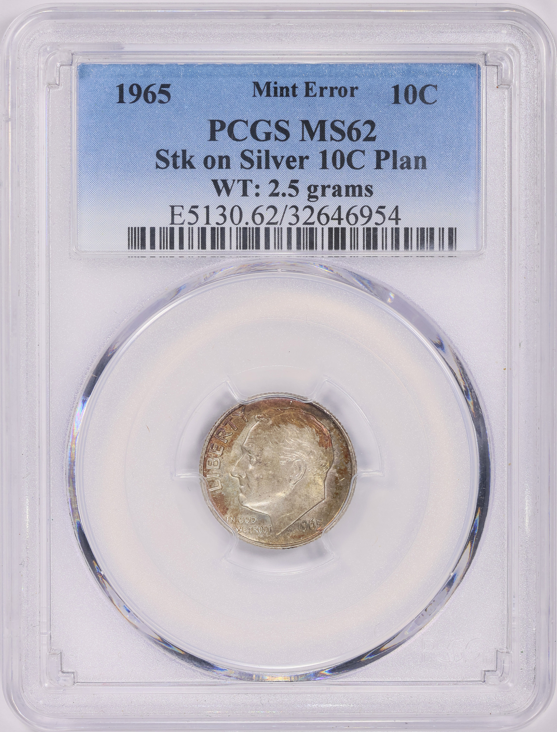 Mint Error 1965 Roosevelt Dime Struck on Silver 10c Planchet WT: 2.5 grams PCGS MS-62 (Toned ...