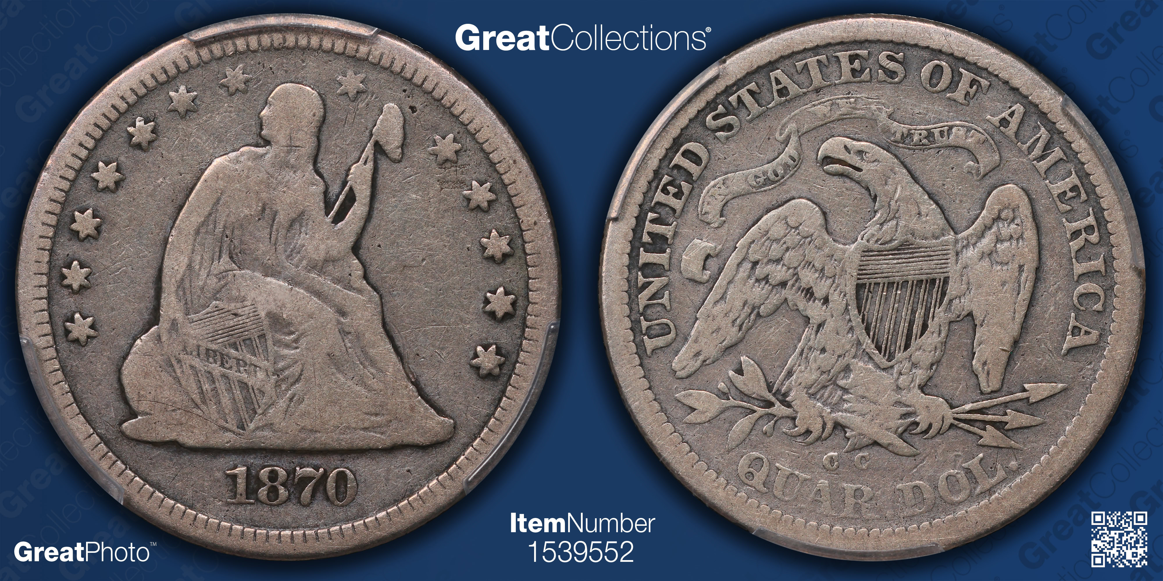 1870-CC Seated Liberty Quarter PCGS VG-10 (Navy Mustang Collection ...