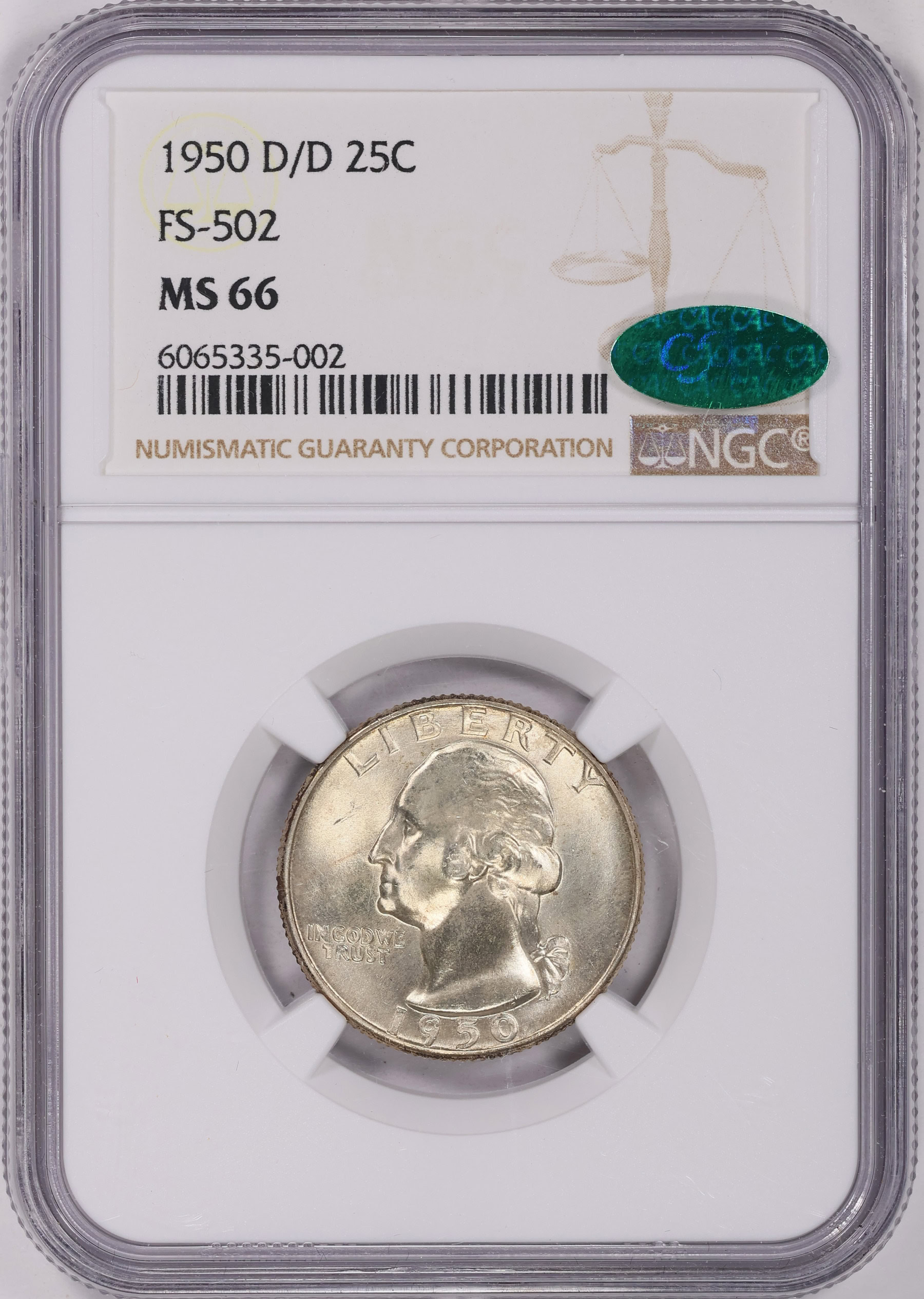 1950-D/D Washington Quarter FS-502 NGC MS-66 (CAC Green) (Item 1540030) | GreatCollections Coin ...