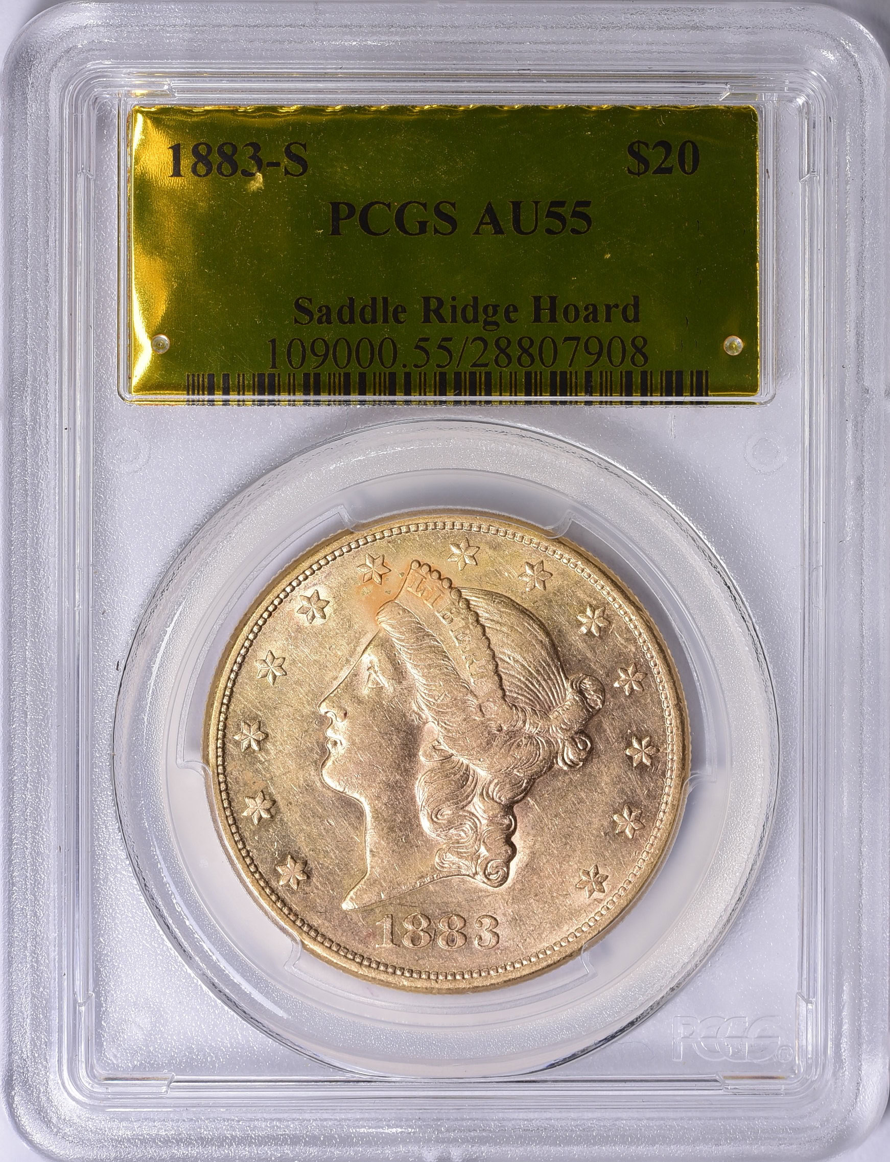 1883-S Liberty Gold Double Eagle PCGS AU-55 (Gold Foil Label) (Saddle Ridge Hoard) (With Saddle ...