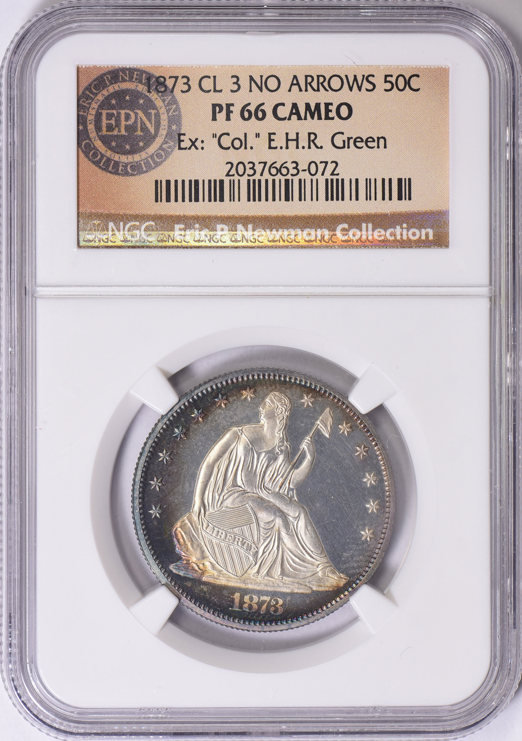 1873 Seated Liberty Half Dollar No Arrows, Closed 3 NGC Proof-66 CAMEO (Toned) (Ex. Col EHR ...