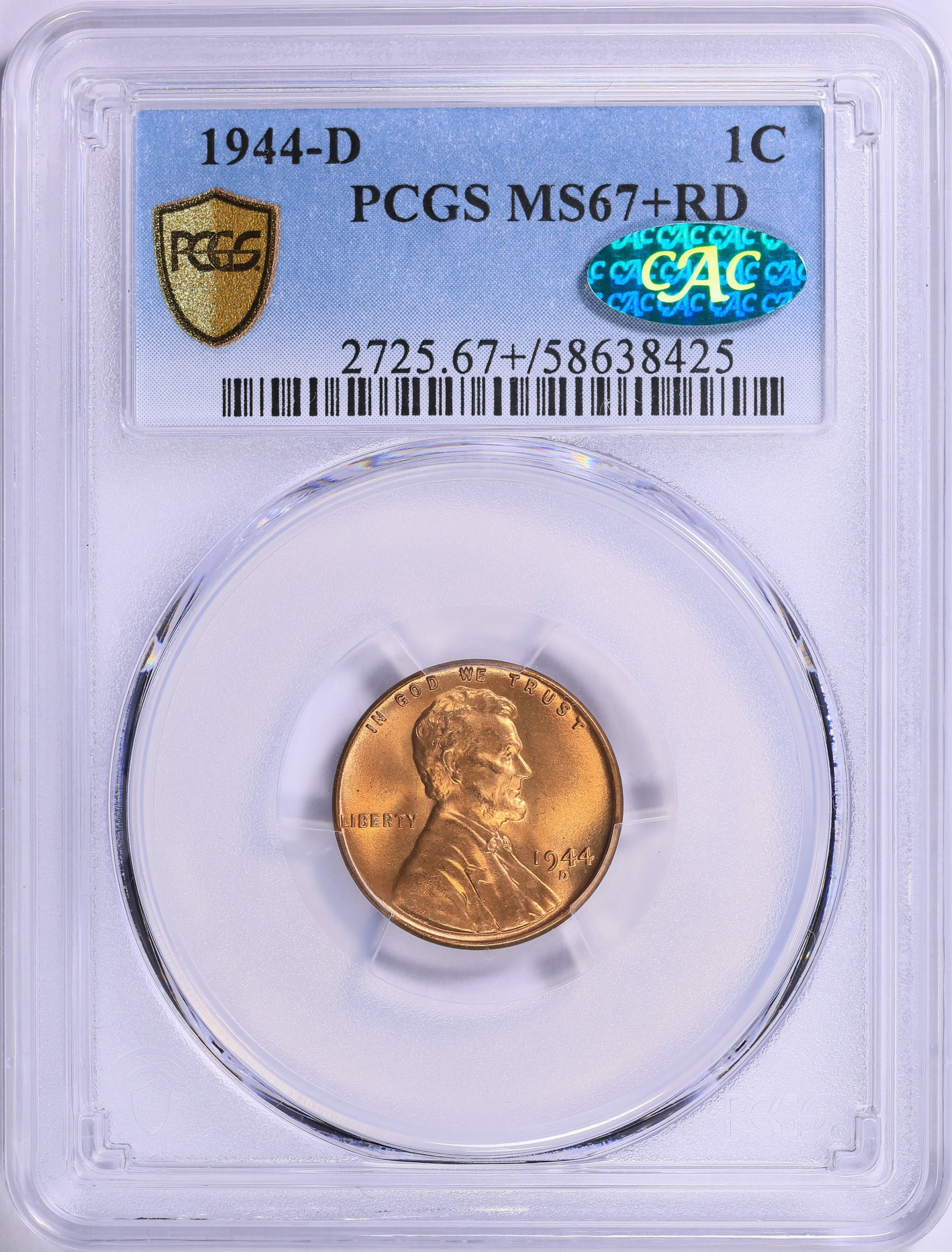 1944-D Lincoln Cent PCGS MS-67+ RD (CAC Green) (Item 1543998) | GreatCollections Coin Auctions