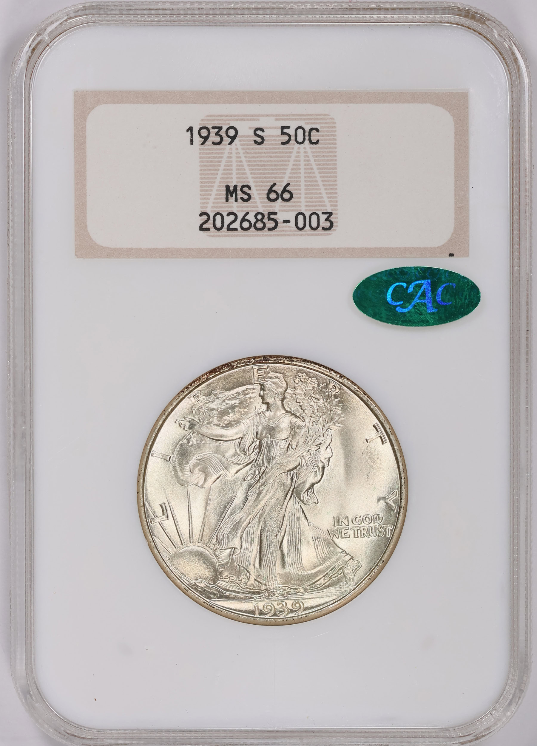 1939-S Walking Liberty Half Dollar NGC MS-66 (CAC Green) OH (Item 1544405) | GreatCollections ...