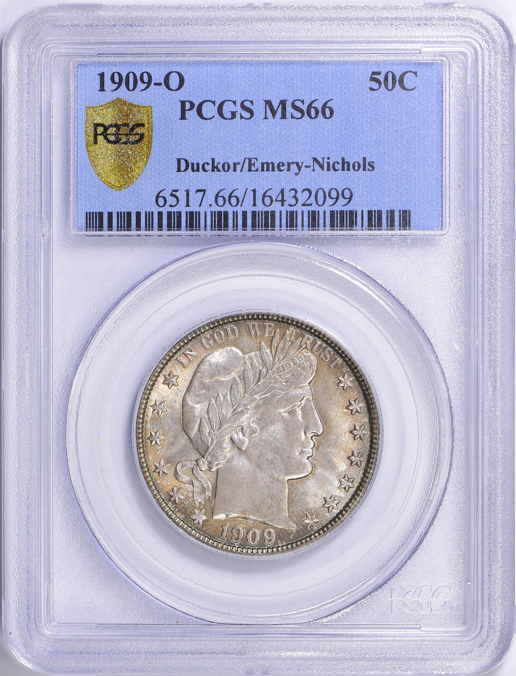 1909-O Barber Half Dollar PCGS MS-66 (Duckor/Emery-Nichols) (Toned) (Item 1544991 ...