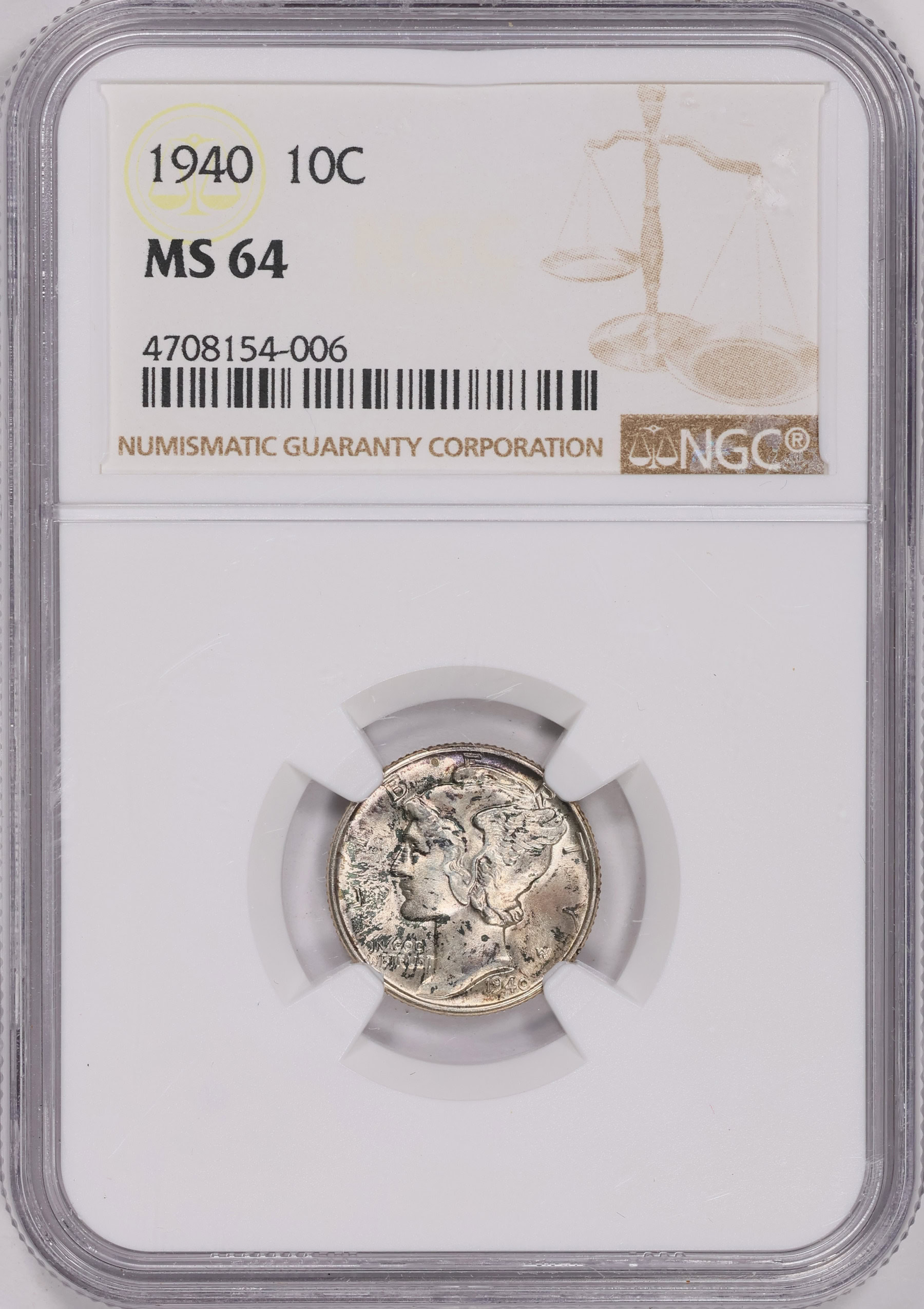 1940 Mercury Dime NGC MS-64 (Toned) (Item 1548995) | GreatCollections Coin Auctions