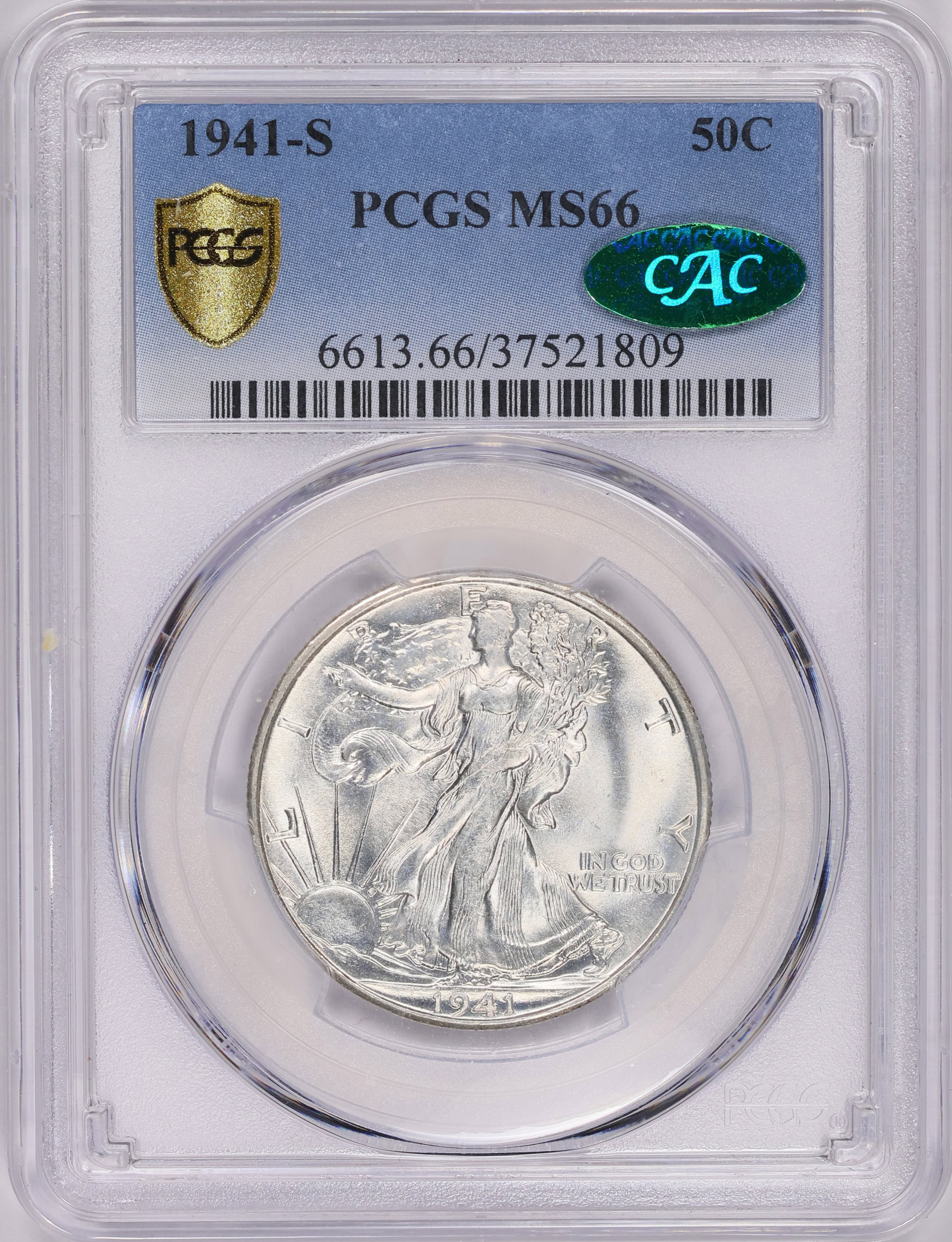 1941-S Walking Liberty Half Dollar PCGS MS-66 (CAC Green) (Item 1549131) | GreatCollections Coin ...