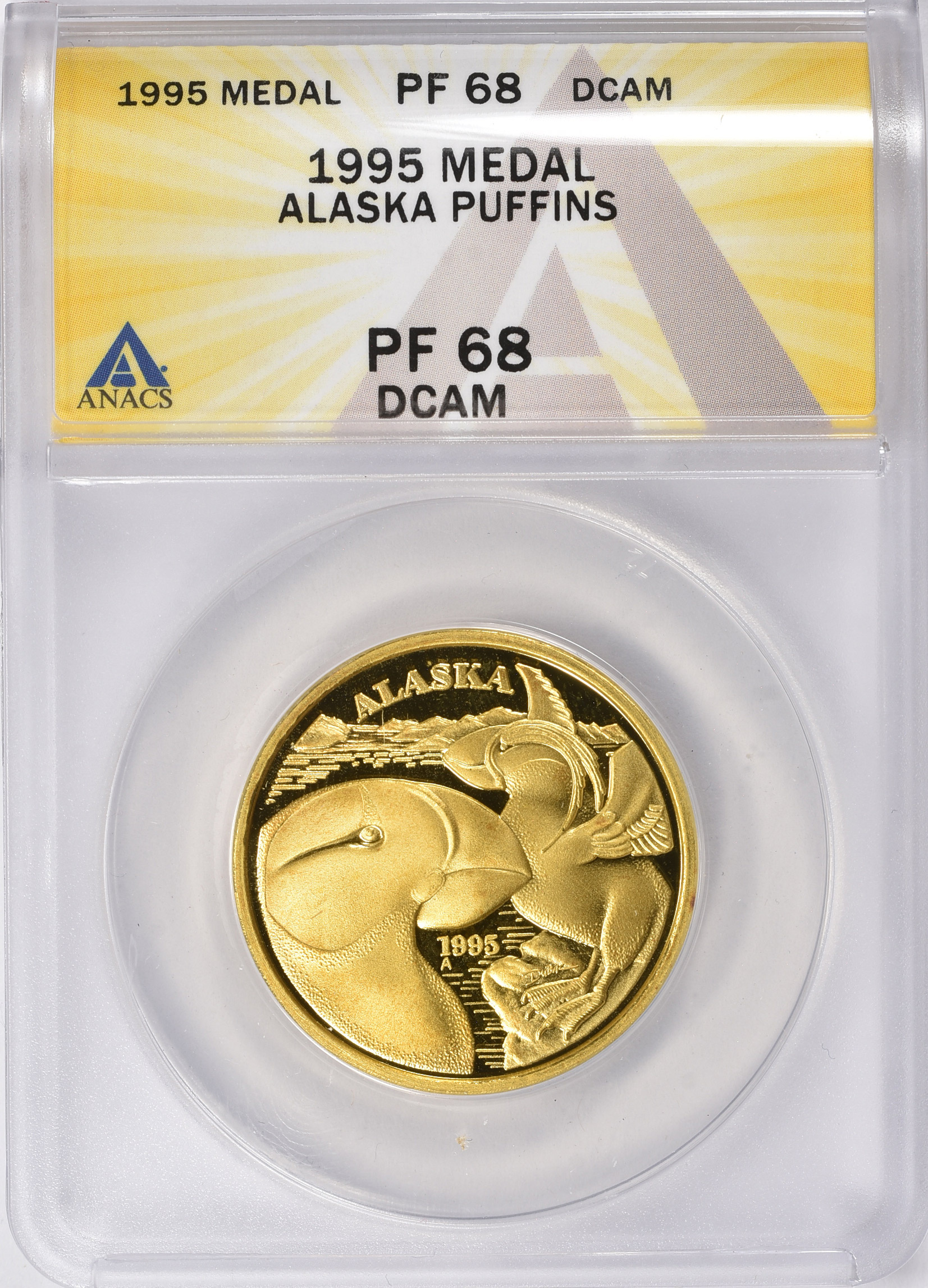1995 Gold 1oz Alaska Official State Medallion Puffins ANACS Proof-68 ...