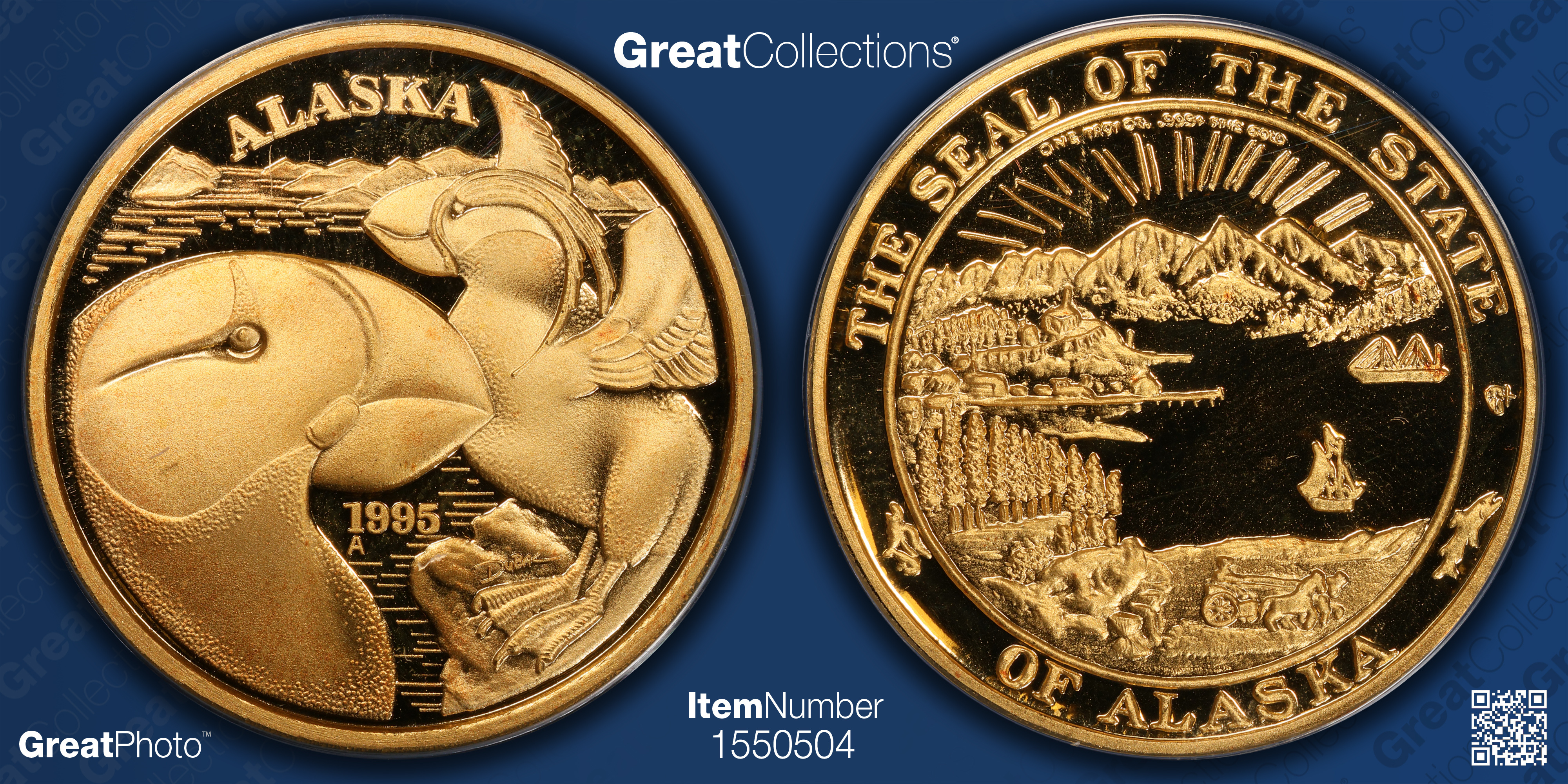 1995 Gold 1oz Alaska Official State Medallion Puffins ANACS Proof-68 ...