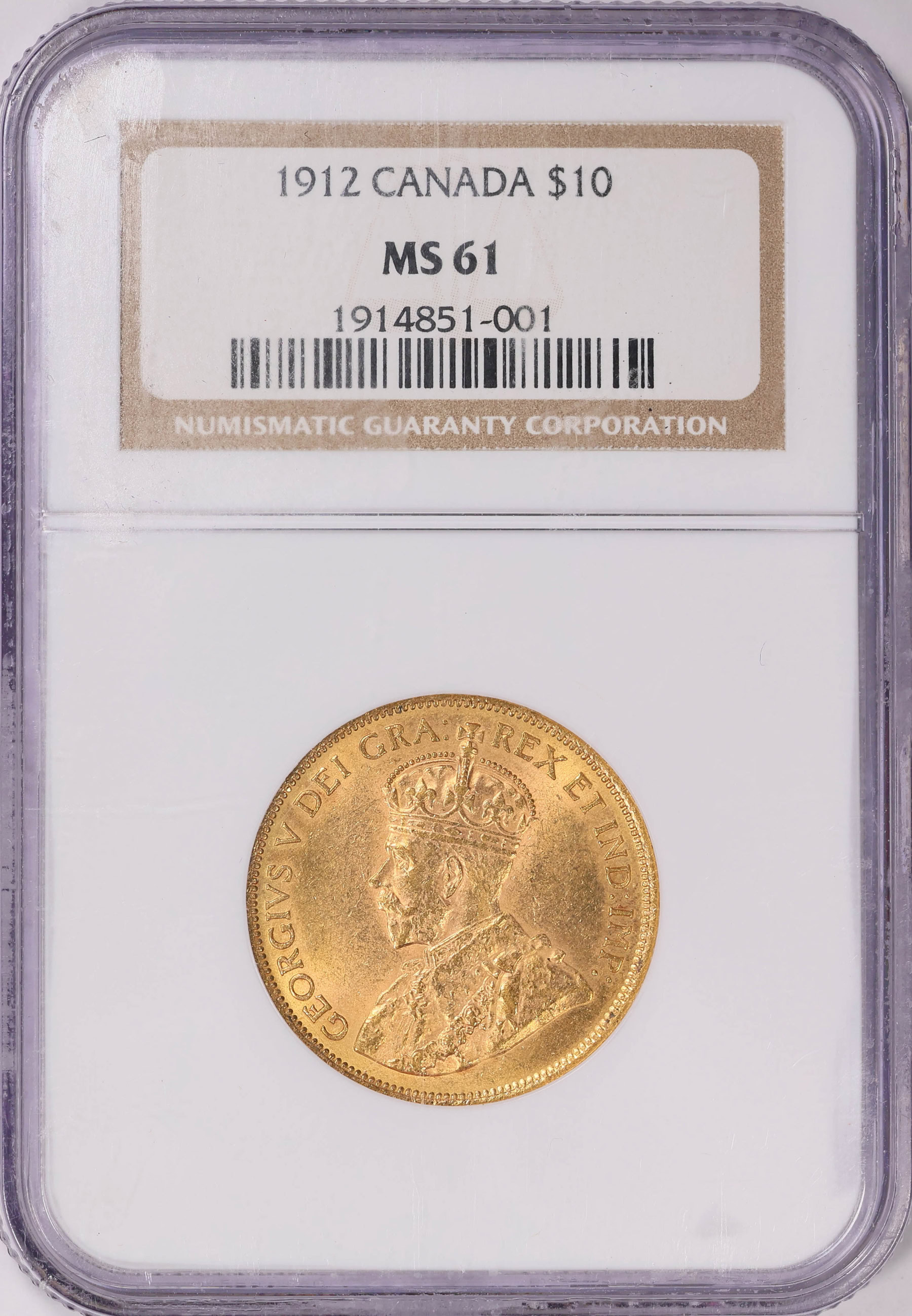 Canada 1912 Gold $10 KM-27 NGC MS-61 (AGW = 0.4837 oz.) (Item 1550543 ...